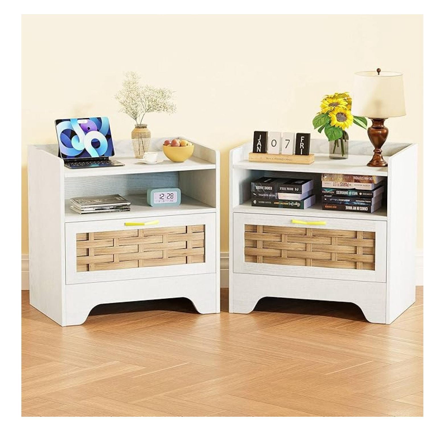 24" Rattan Nightstand Set of 2, White Bedside Table with Semi Open ...