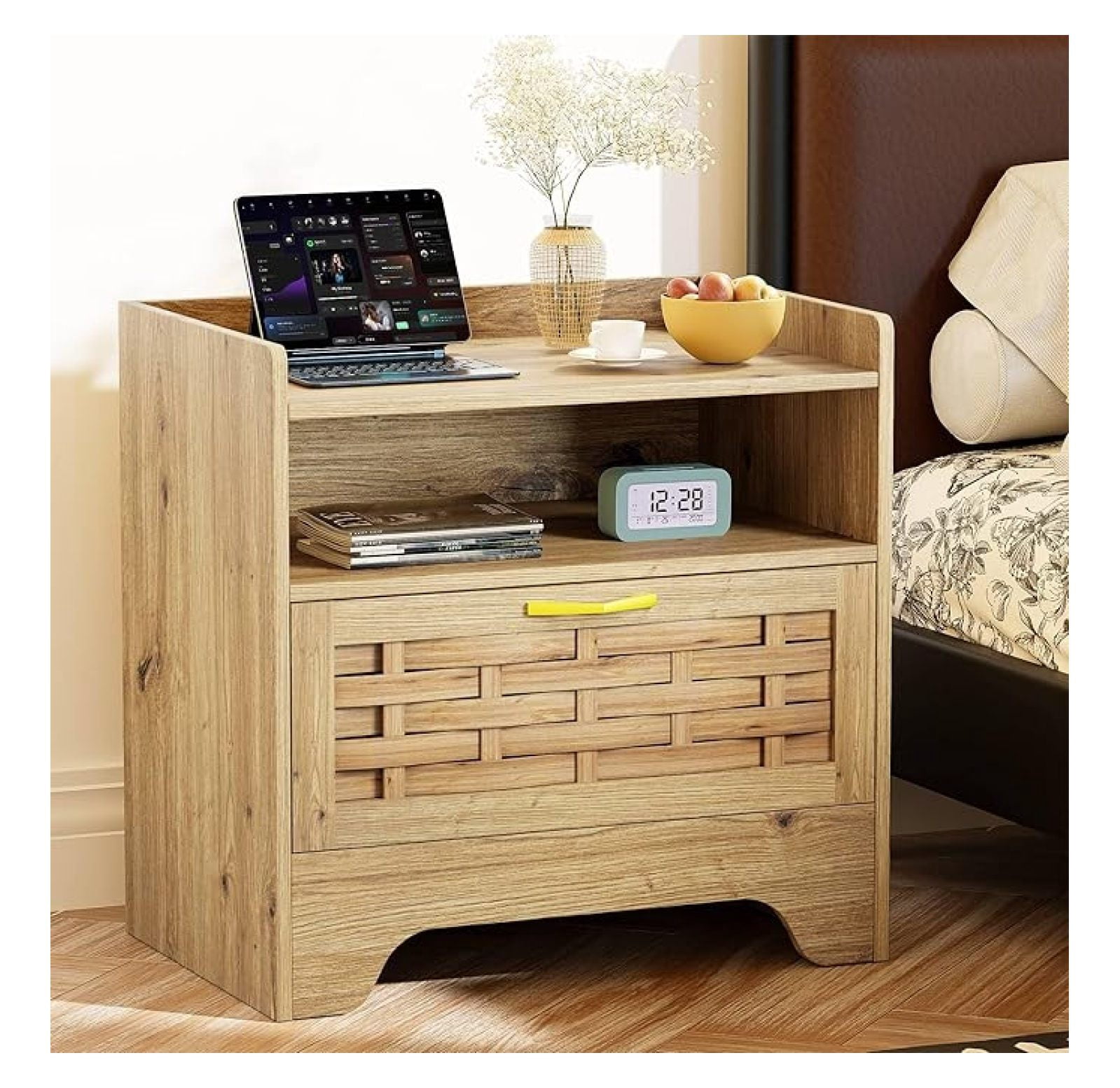 24" Rattan Nightstand with Storage Drawer, Oak Bedside Table with Semi ...