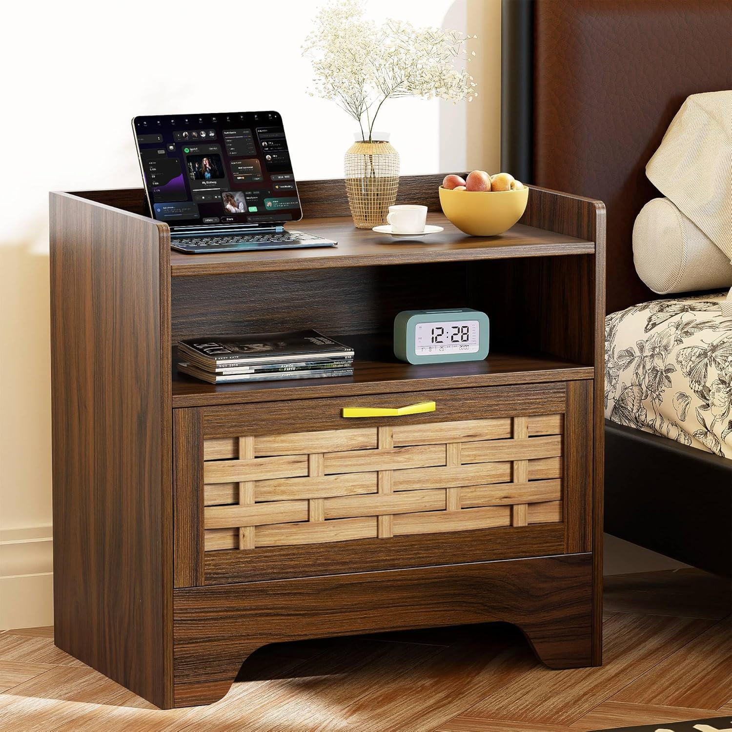24" Rattan Nightstand with Storage Drawer, Walnut Bedside Table with ...
