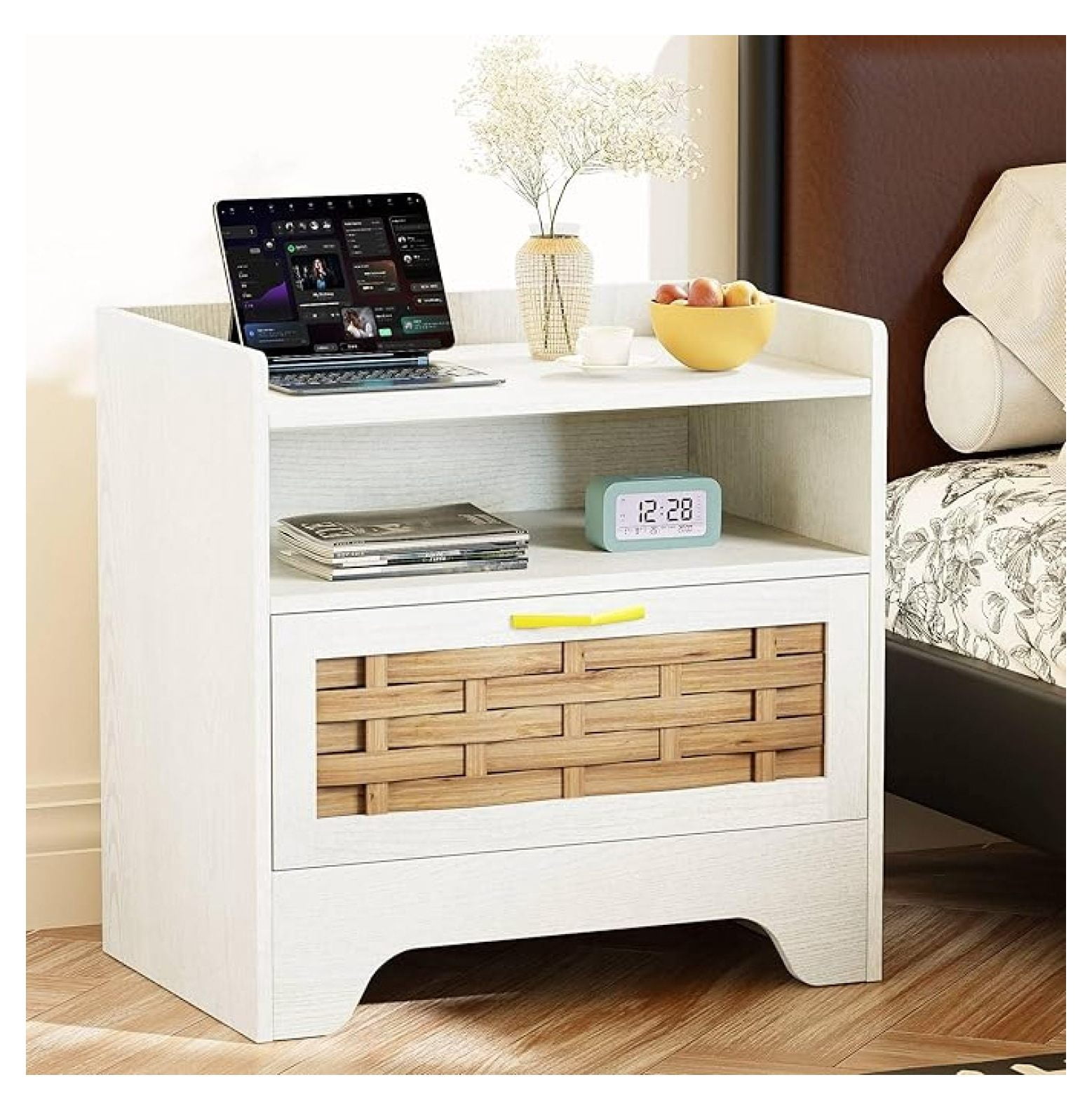 24" Rattan Nightstand with Storage Drawer, White Bedside Table with ...