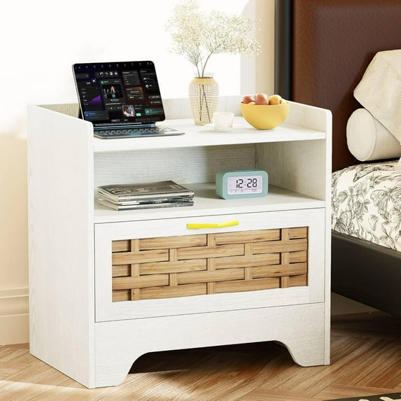 24" Rattan Nightstand with Storage Drawer, White Bedside Table with ...