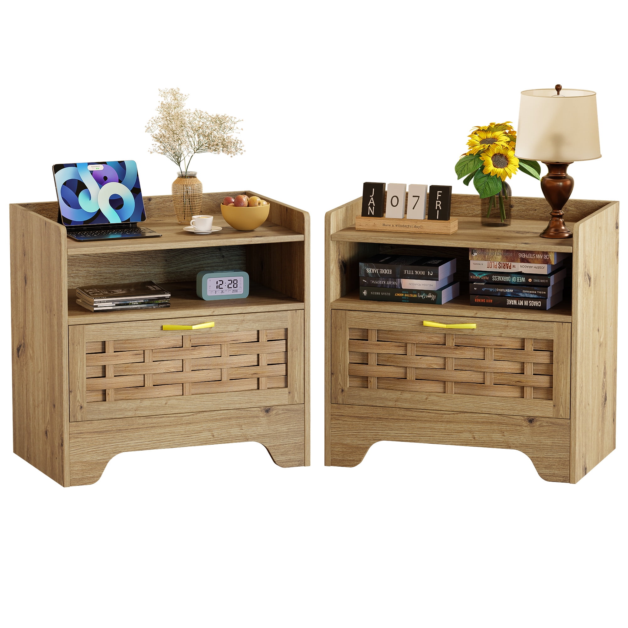 24" Rattan Nightstands Set of 2, Oak Bedside Table with Semi Open Cubby ...