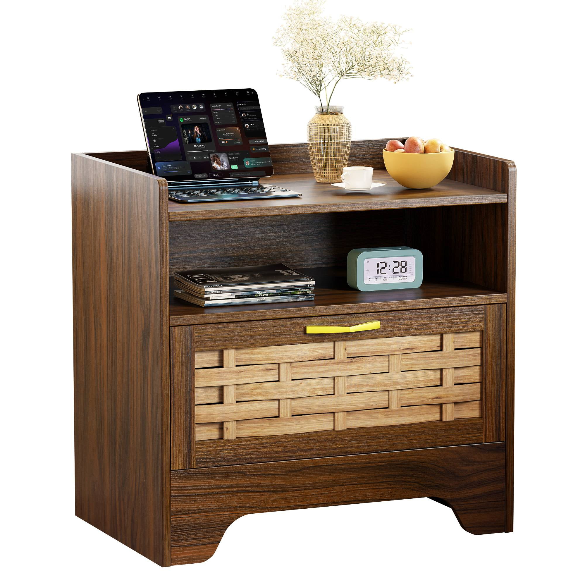 24" Rattan Nightstands with Storage Drawer, Walnut Bedside Table with ...