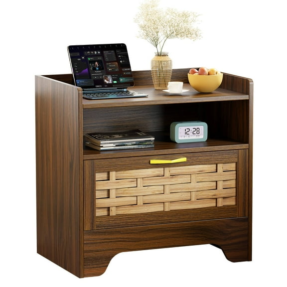 24" Rattan Nightstand with Storage Drawer, White Bedside Table with ...