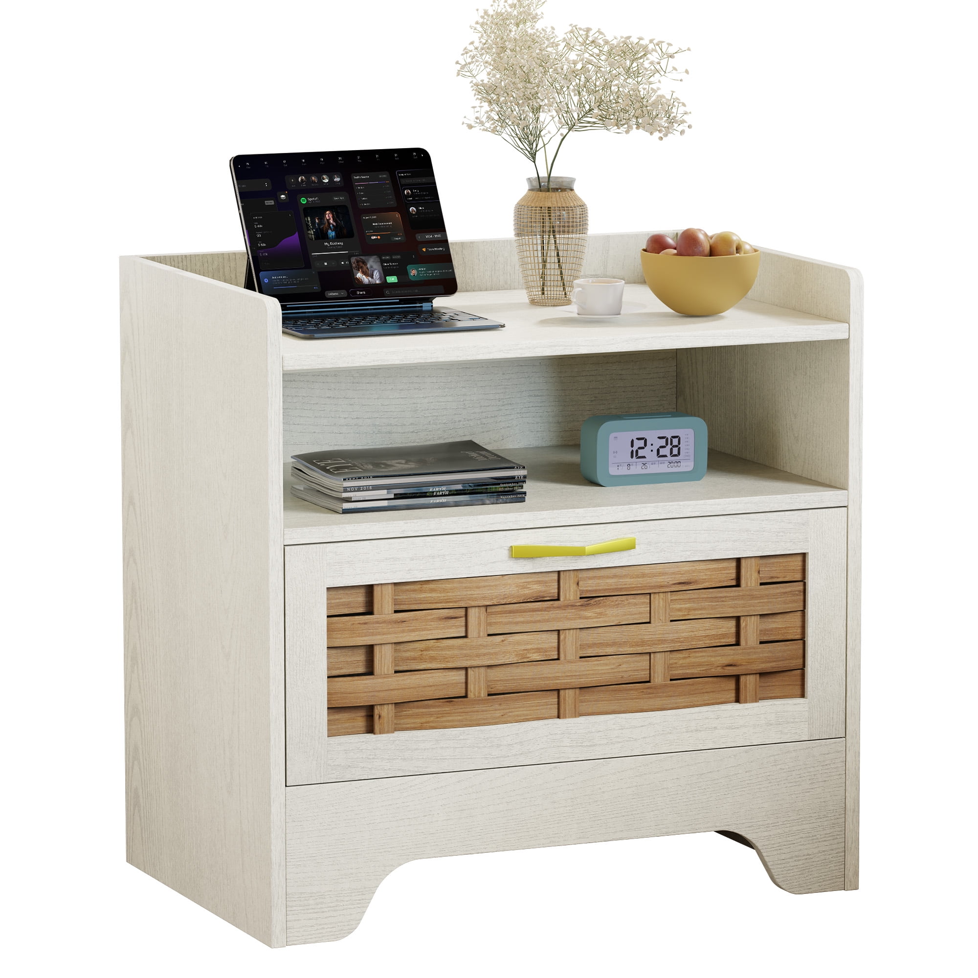 24" Rattan Nightstands with Storage Drawer, White Bedside Table with ...
