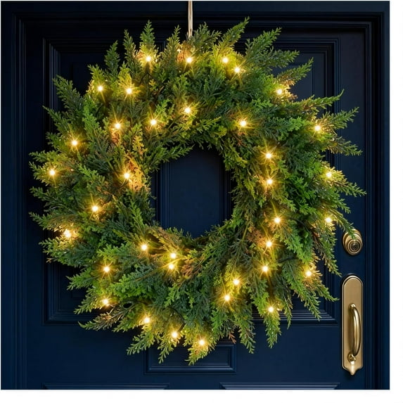 24" Real Touch Christmas Wreath with Lights – Pre-Lit Artificial Cedar ...