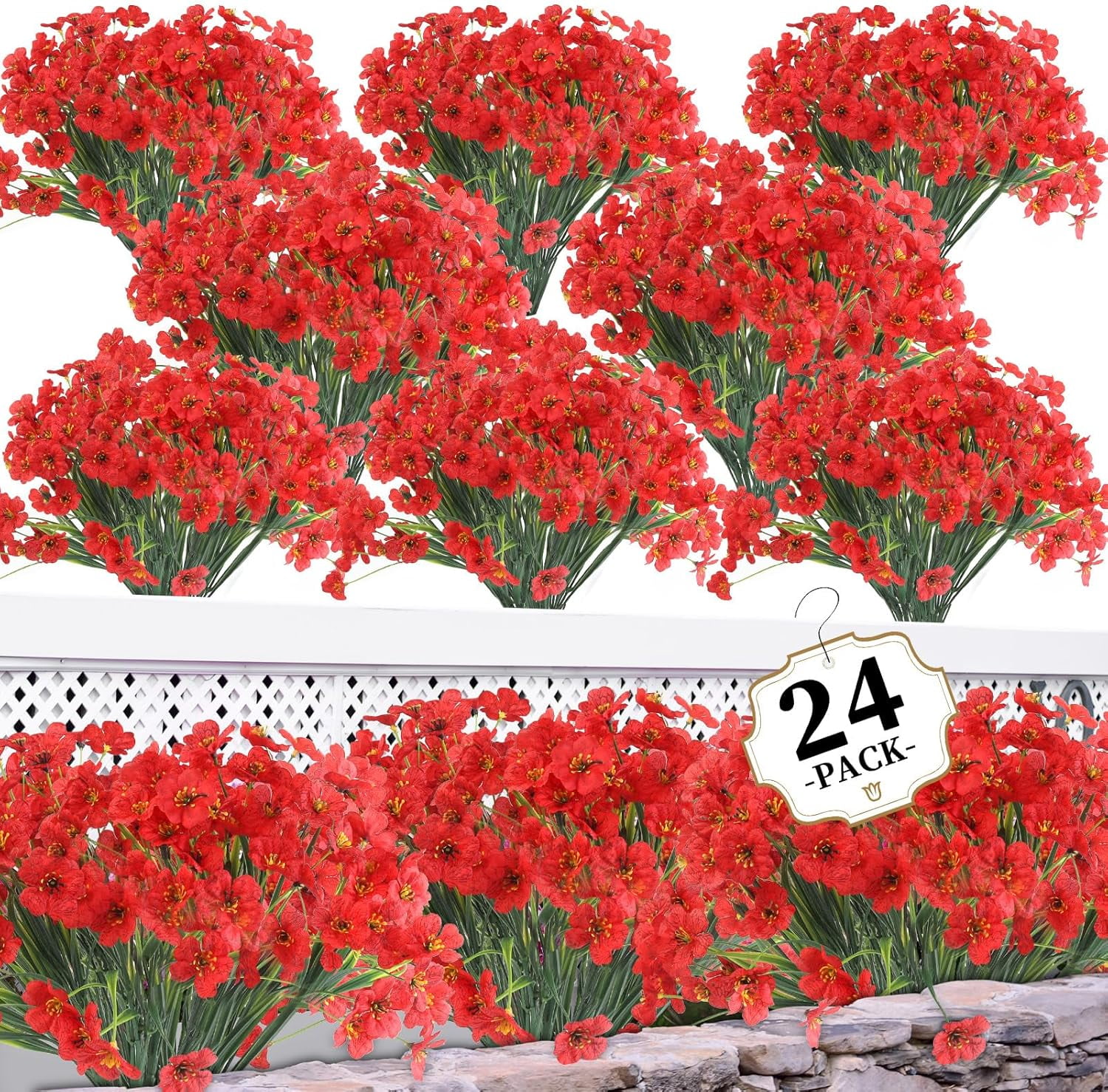 24 Red Artificial Flower Bundles for Indoor Outdoor Garden Porch Window ...