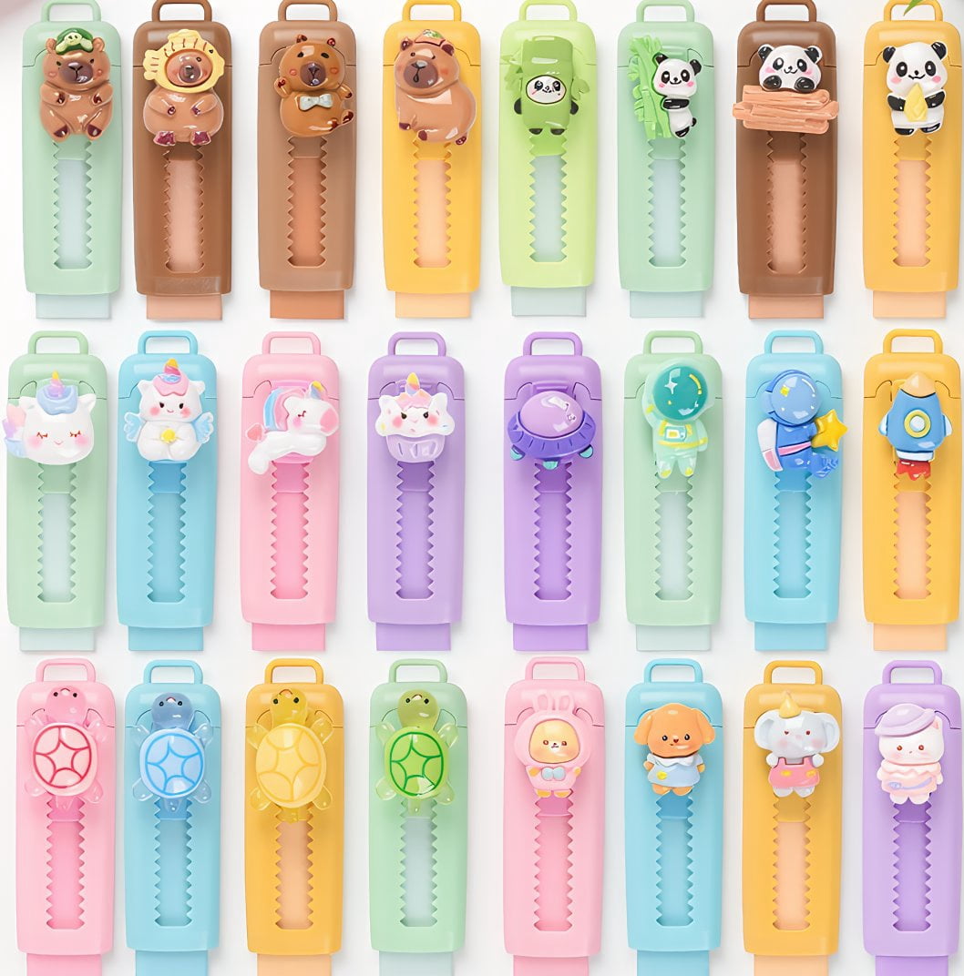 24 Retractable Pencil Erasers, Designs, Click-Style Eraser Pens for ...