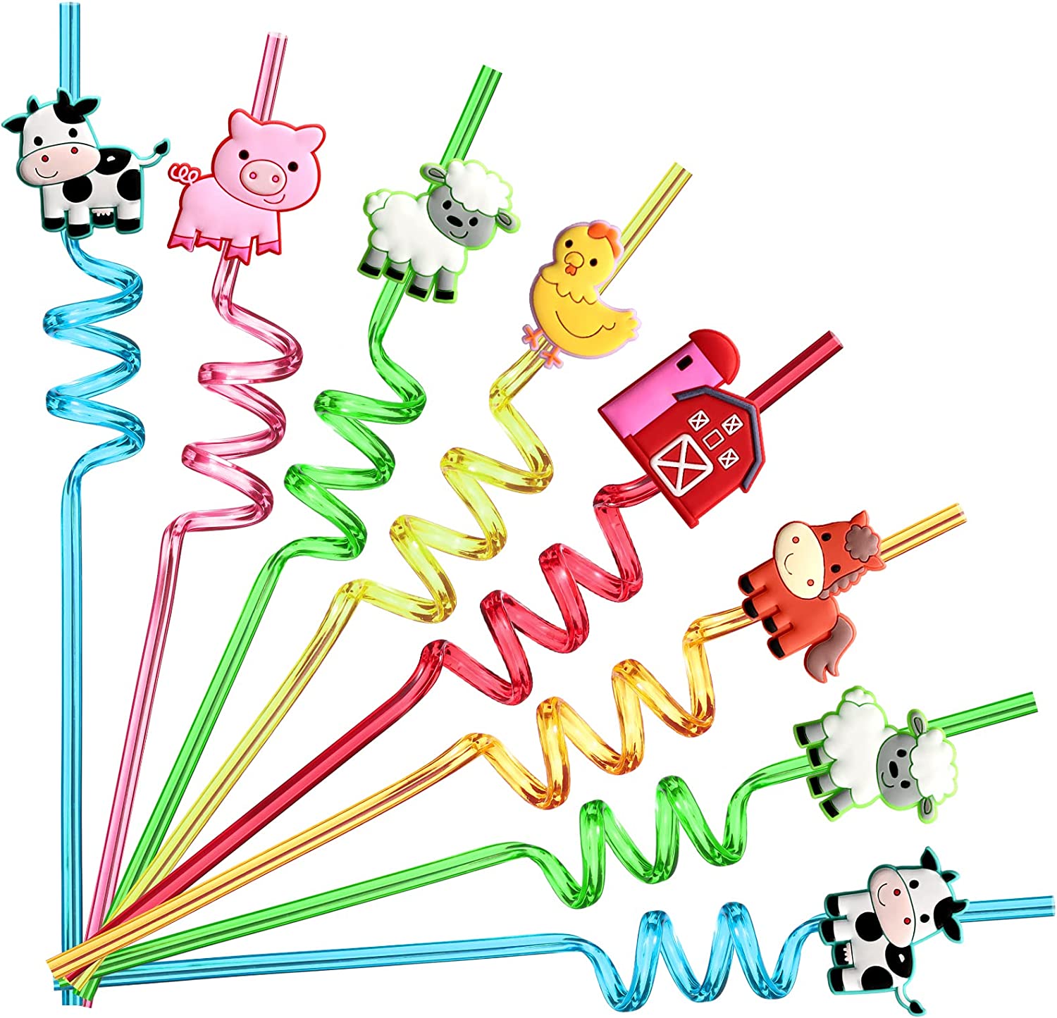 24 Reusable Farm Animal Plastic Straws Chicken Sheep Horse Cow Pig for ...