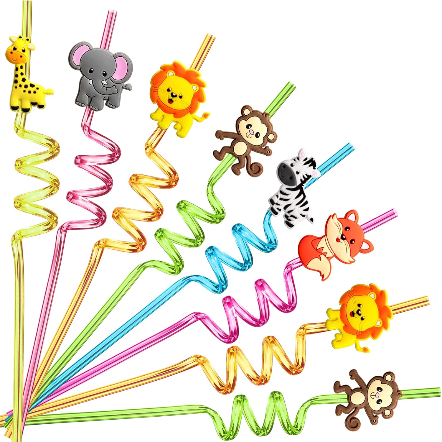 24 Reusable Jungle Animal Plastic Straws for Lion Fox Zebra Giraffe ...
