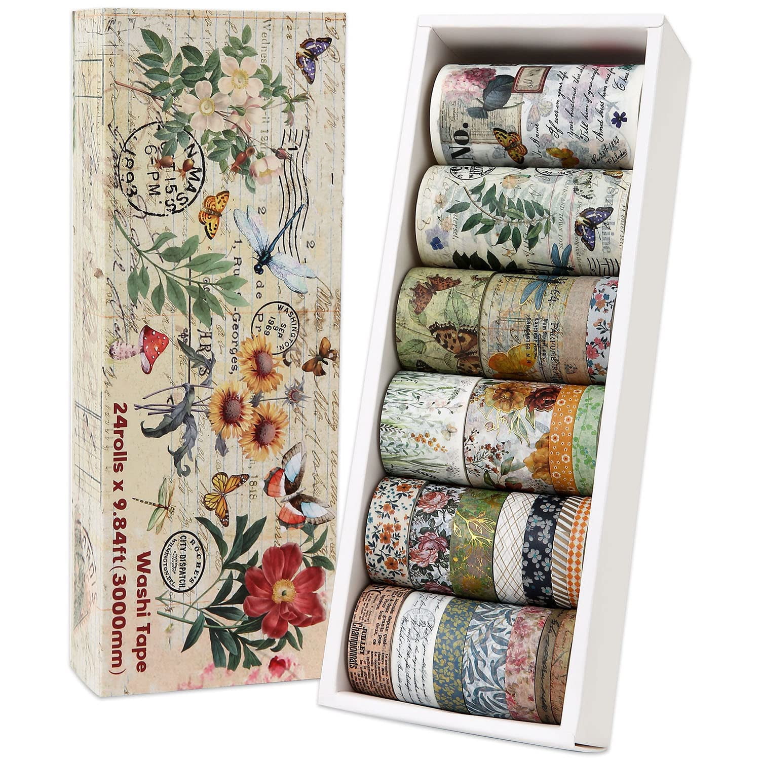 24 Rolls Vintage Washi Tape Set, Floral Letter Butterfly Mushroom ...