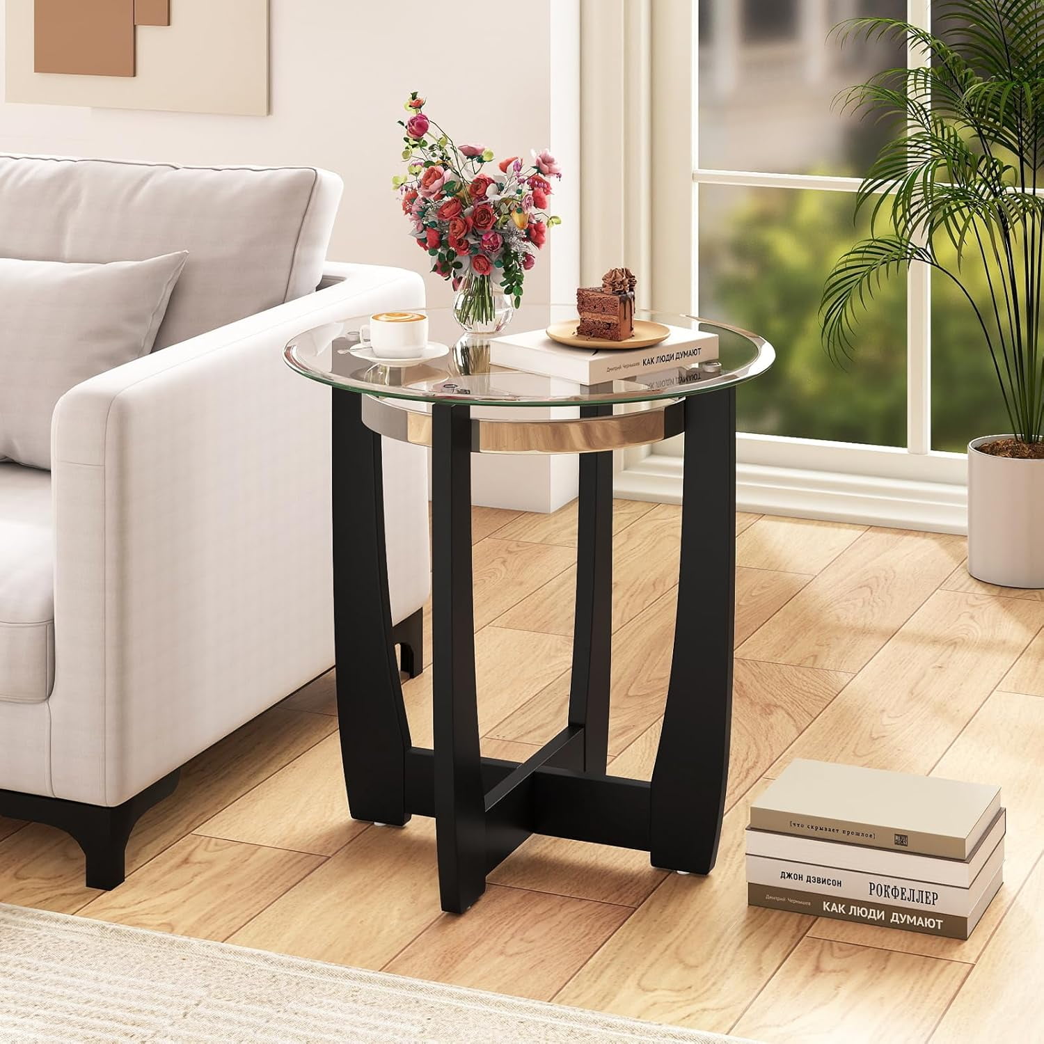 24" Round End Table with Tempered Glass Top and Solid Wood Cross Base ...