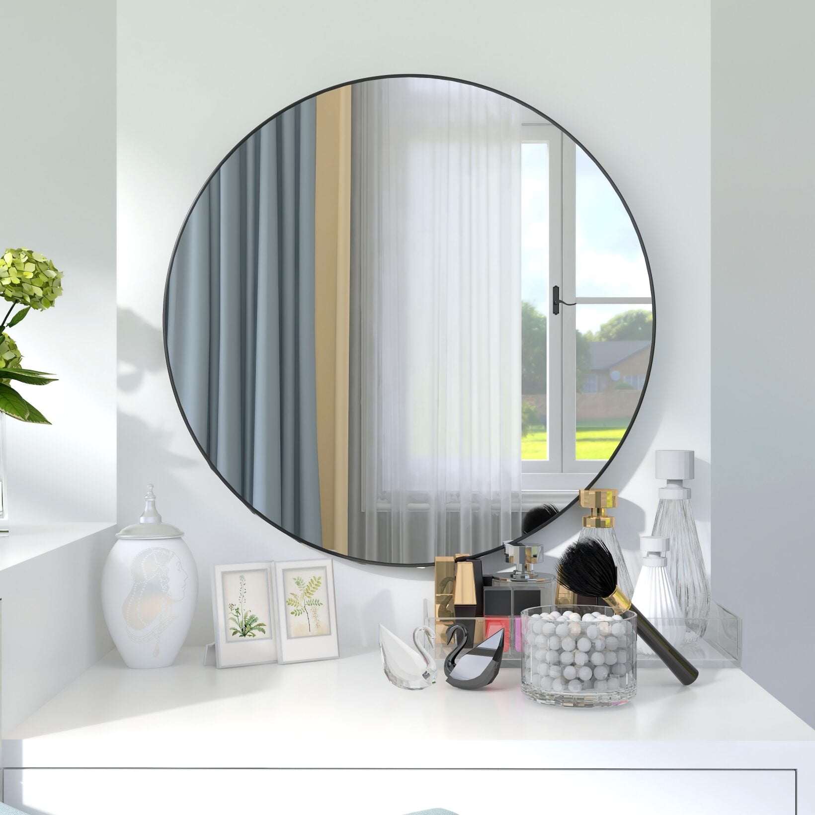 24" Round Mirror Black Aluminum Frame, Modern Wall Mounted Mirror with ...