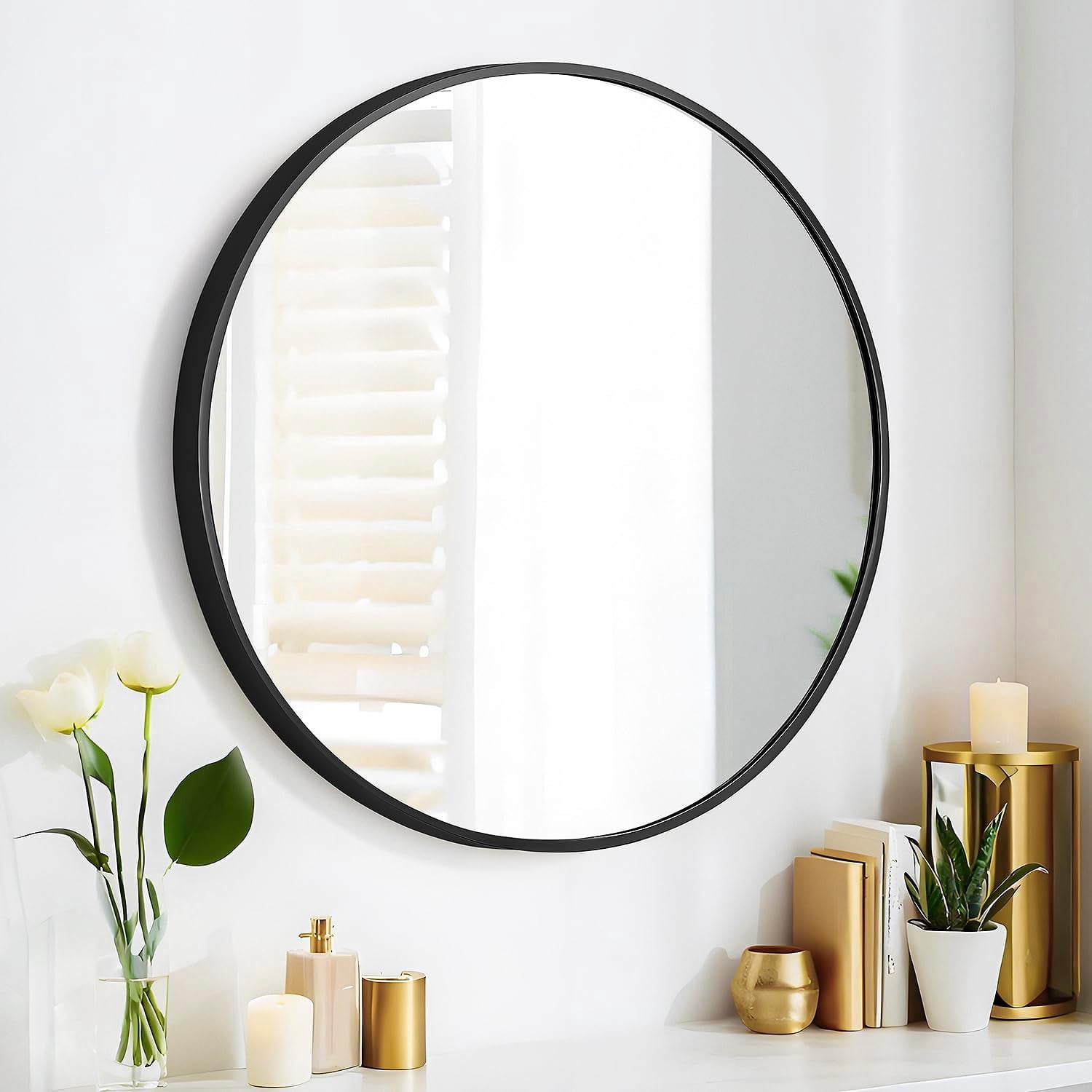 24" Round Mirror Circle Wall Mounted or Against Wall Alloy Frame ...