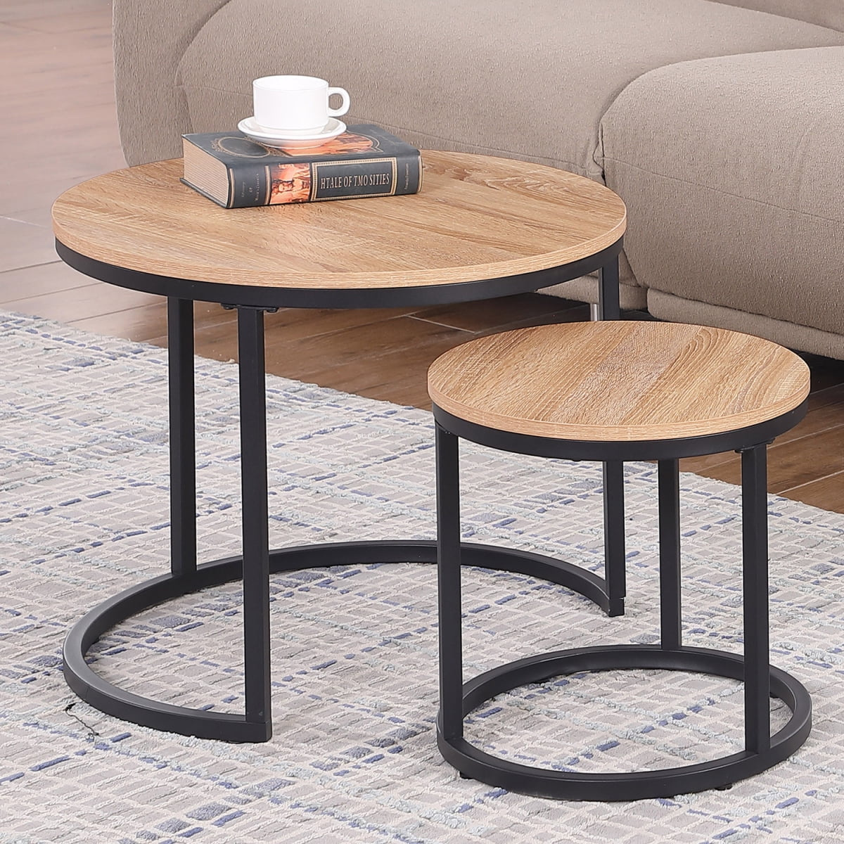 24" Round Nesting Table, Accent Coffee Table, Natural Oak Wood Finish ...