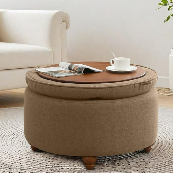 24'' Round Ottoman Coffee Table with Storage, Upholstered Tufted ...