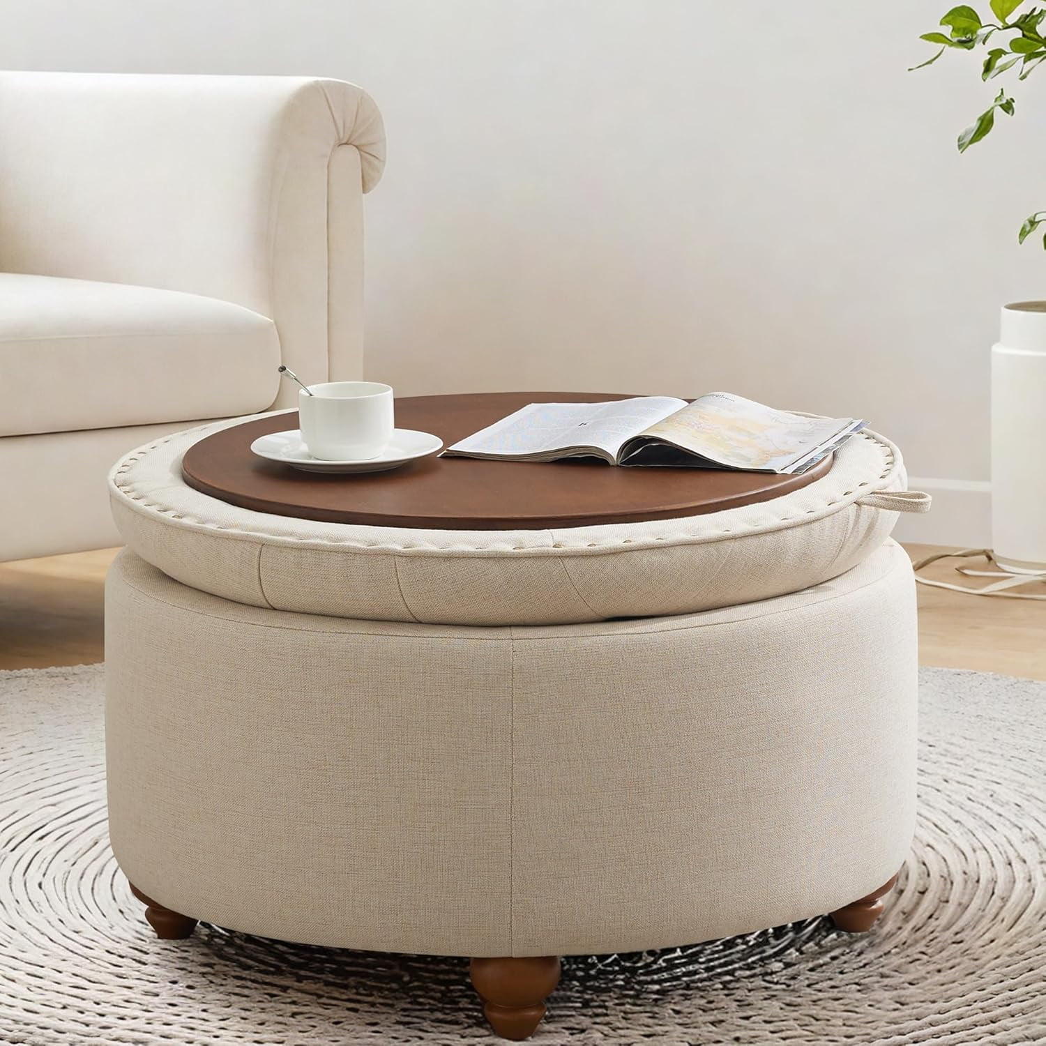 24 Round Storage Ottoman Coffee Table with Upholstered Tufted Design ...
