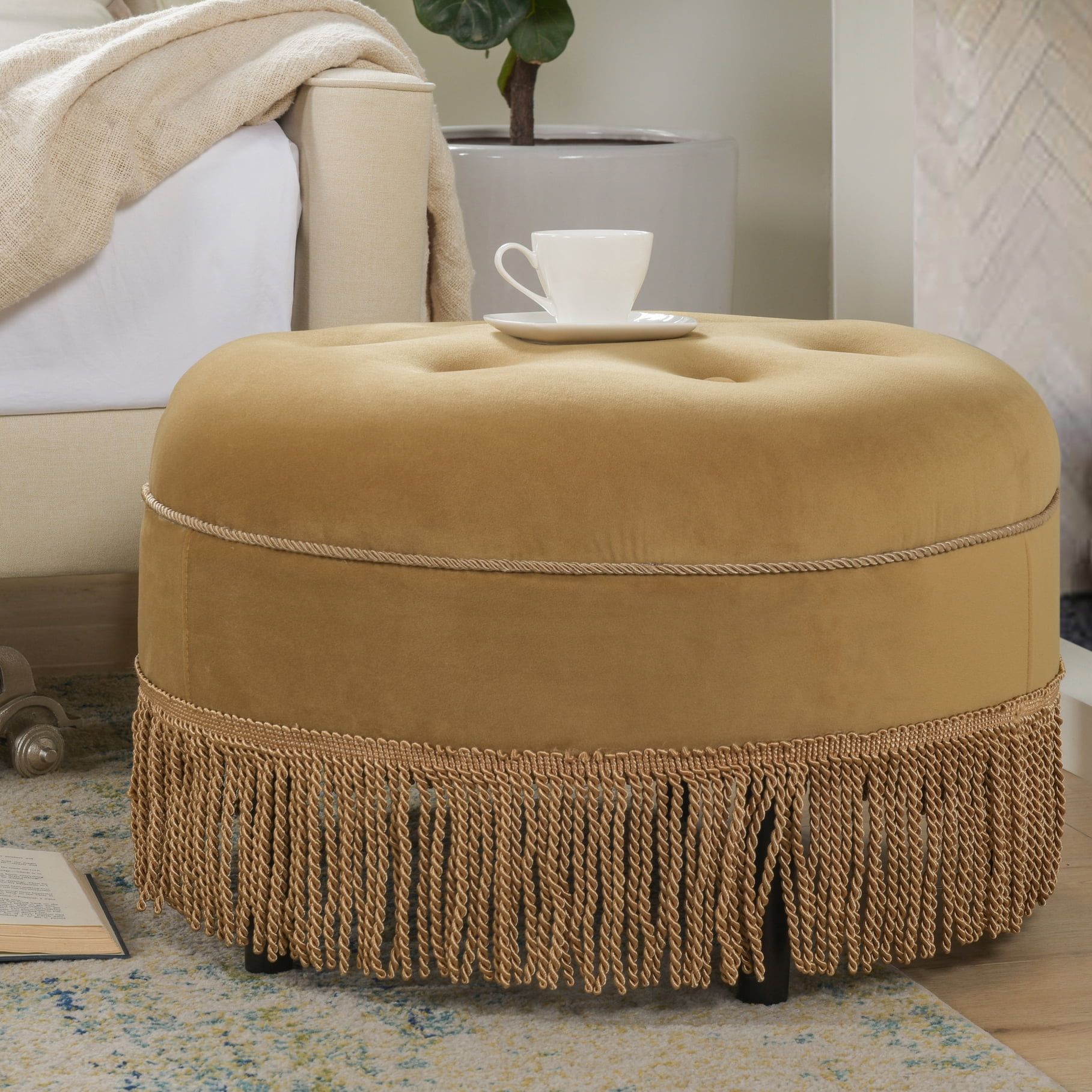 24" Round Upholstered In Yellow Velvet With Gold Trim, Stable Plywood Frame, Foam, Tassel Rope ...