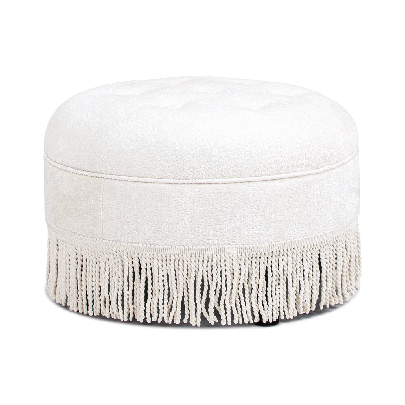 24" Round White Chenille Ottoman with Tassel Fringe, Upholstered Accent ...