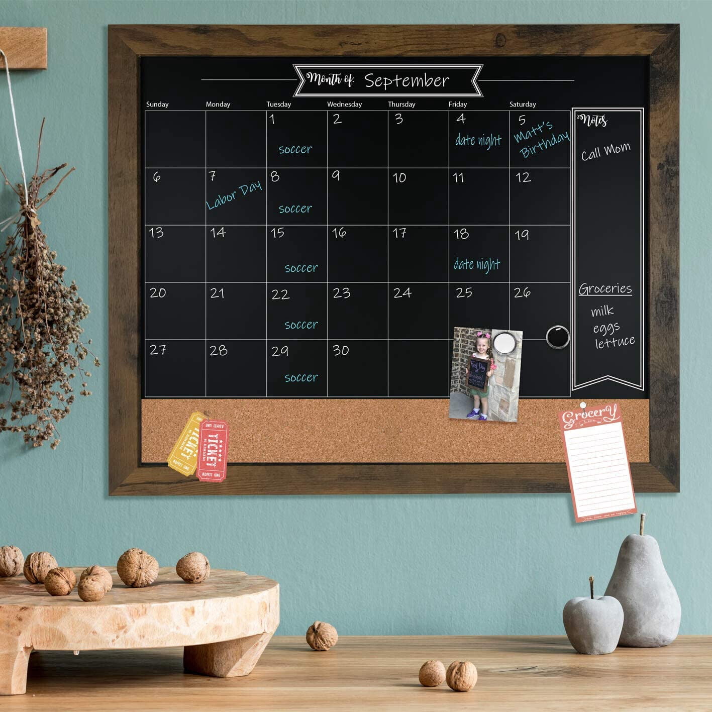 24" Rustic Frame Chalkboard Calendar & Bulletin Combo Board Magnetic ...