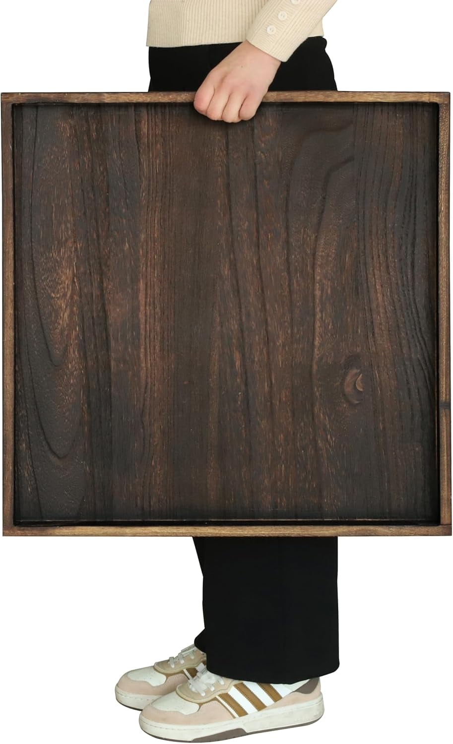 24" Rustic Wooden Serving Tray - Extra Large Square Ottoman Table Tray ...