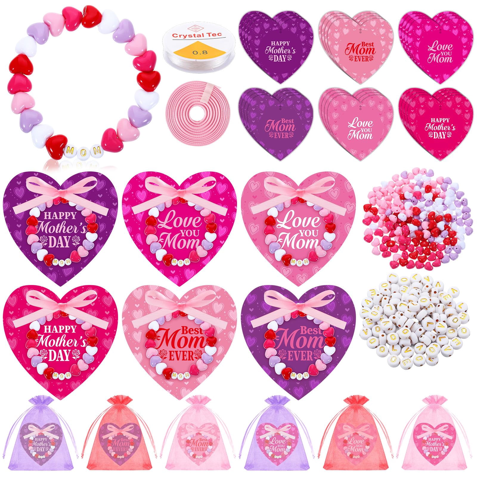 24 Set Mother's Day DIY Bracelet Craft Kit with Heart-shaped Cards and ...