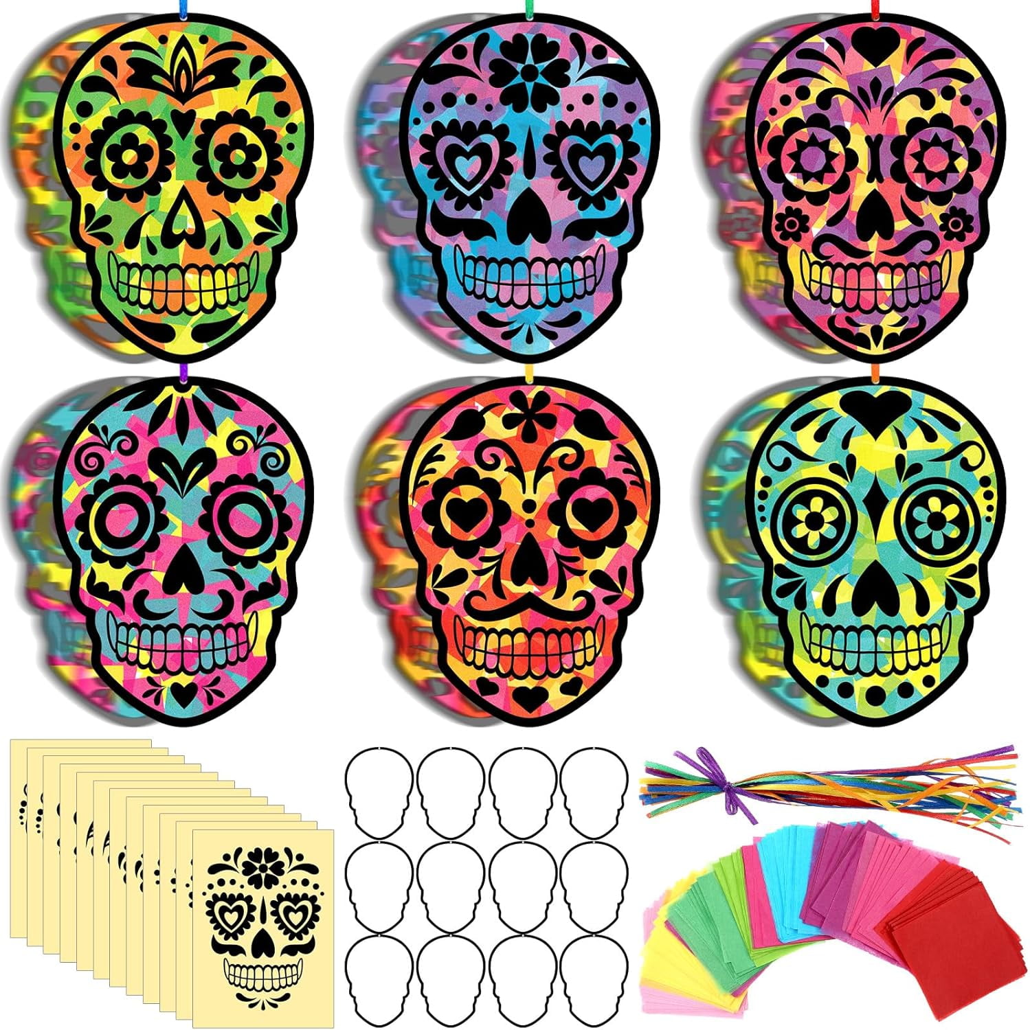 24 Set Sugar Skull Sun Catchers Craft Kits Day of The Dead Tissue Paper ...