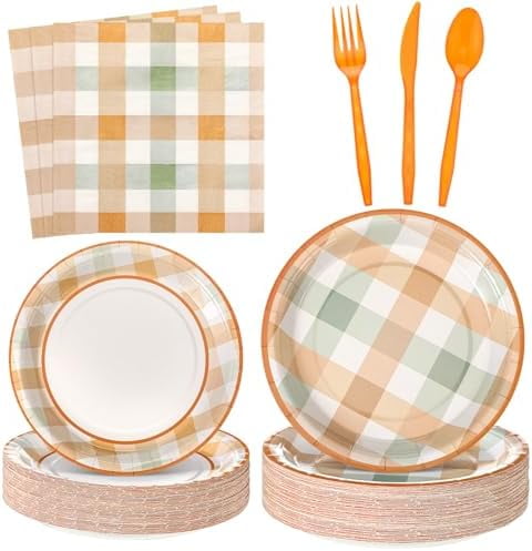 24 Set Thanksgiving Plaid Paper Plates Napkins with Fall Forks and ...