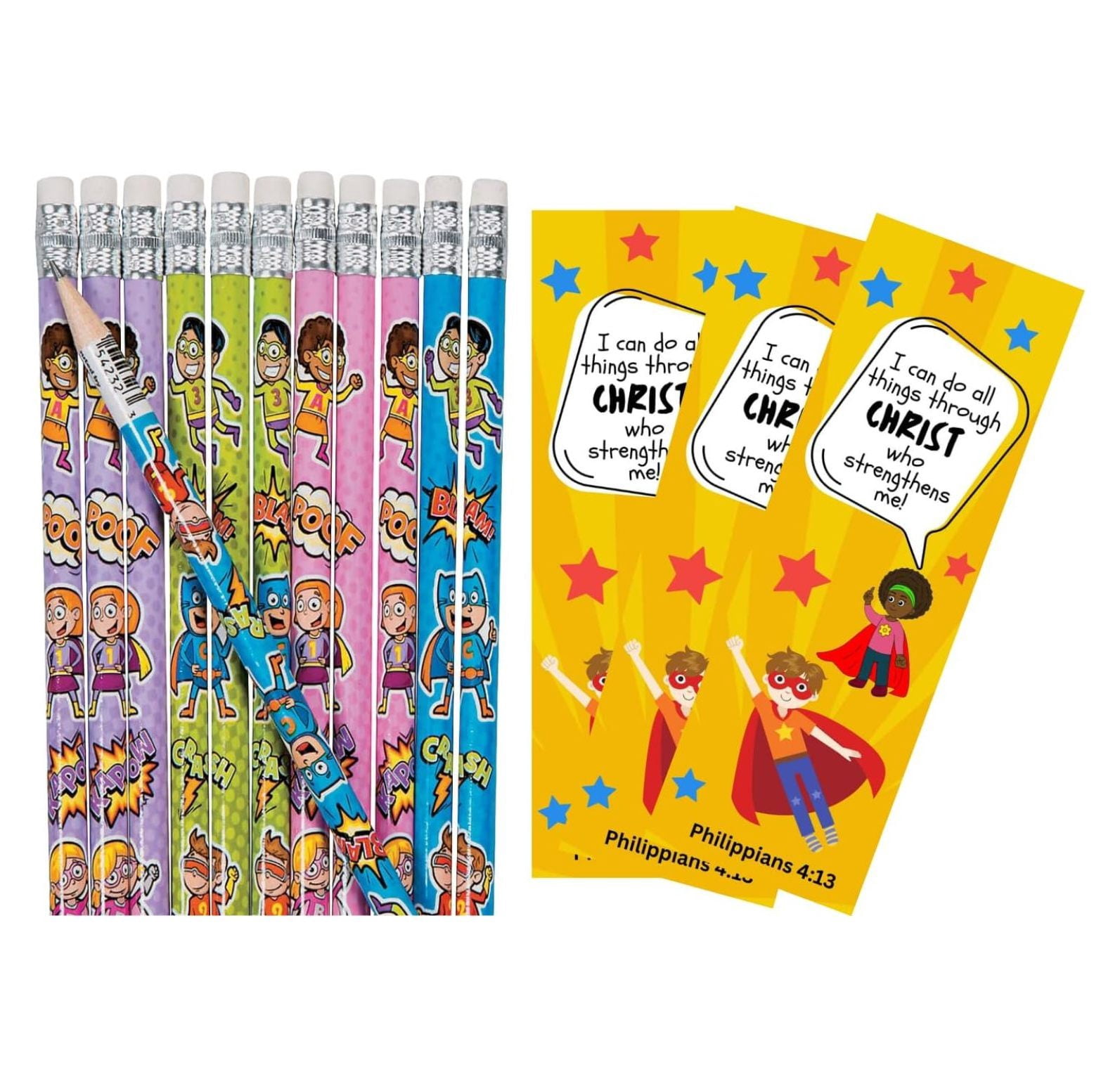 24 Sets of Bookmarks for Kids with Super Hero Pencils - Vacation Bible ...