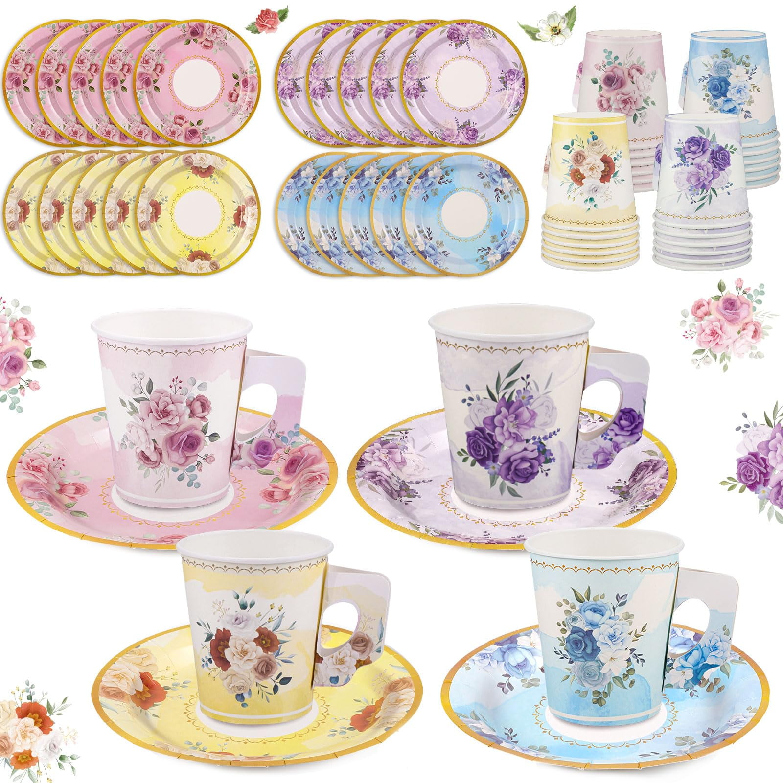 24 Sets Disposable Paper Tea Cups AFN17 OZ Floral Tea Party Cups with ...