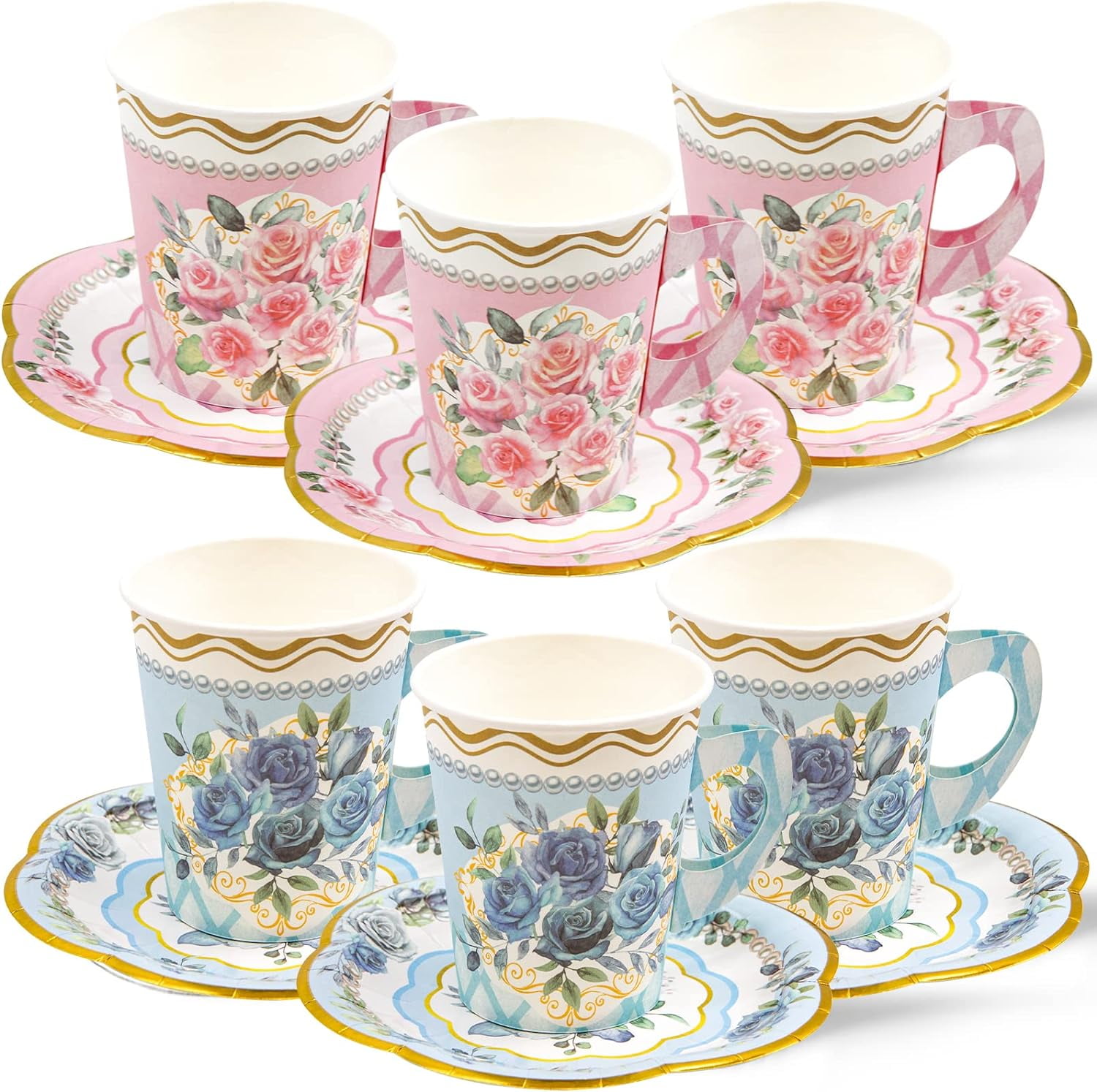 24 Sets Floral Tea Party Cups and Saucers - Elegant Gold Trim Perfect ...