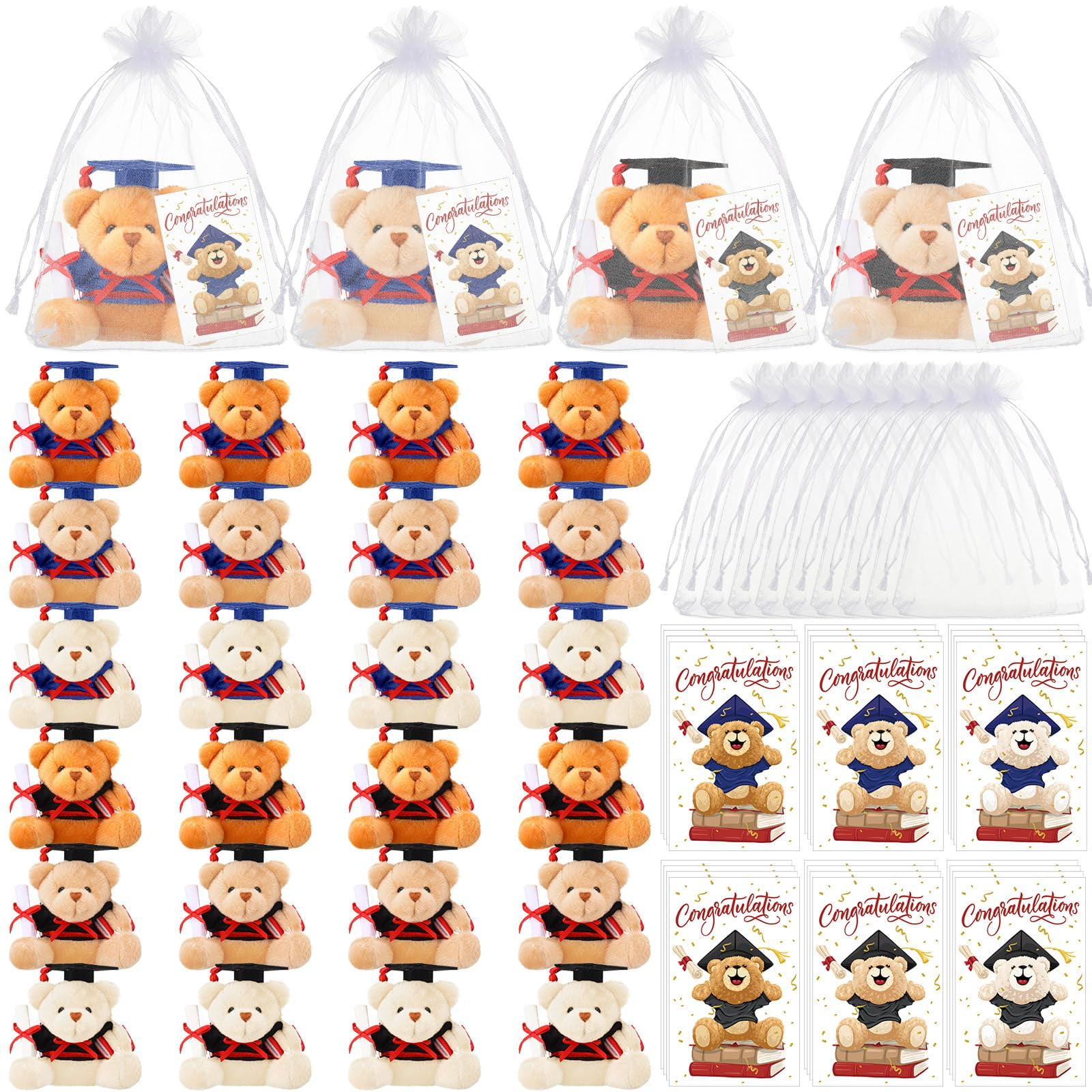 24 Sets Mini Graduation Stuffed Bears Bulk 3.5" Plush Bears Class Of ...