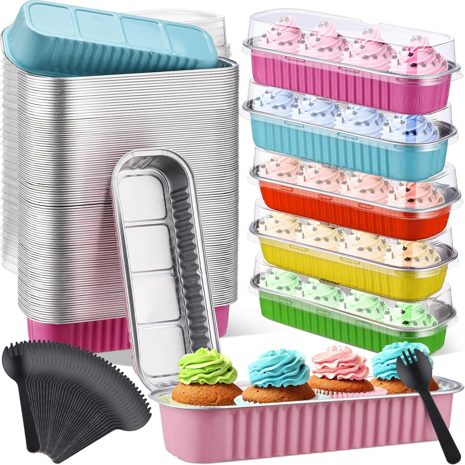 24 Sets Mini Loaf Pans with Lids and Spoons 6.8 oz Rectangular Aluminum ...