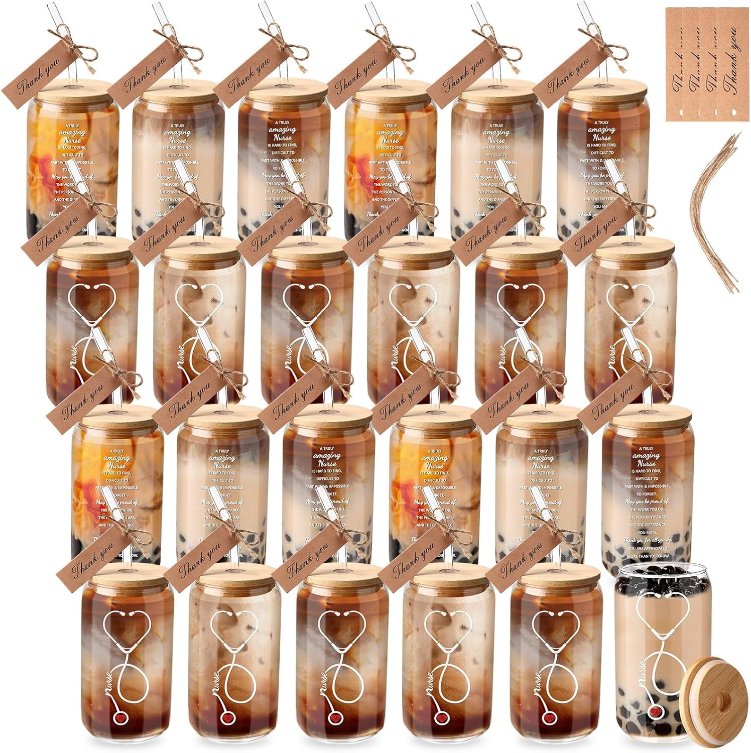24 Sets Nurse Gifts for Women 16 oz Can Shaped Glass Cup with Lid Straw ...