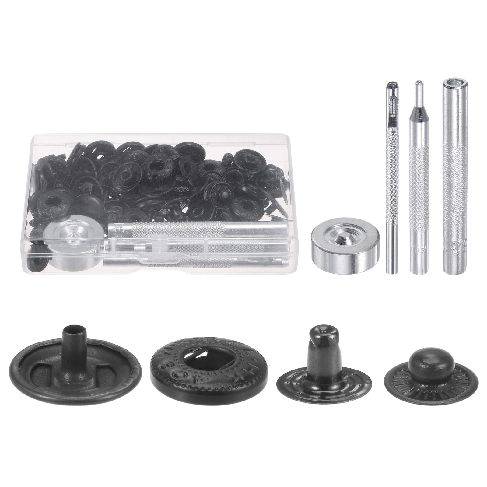 24 Sets Snap Fasteners Kit Metal 15mm with 4 Tools for Leather, Black ...