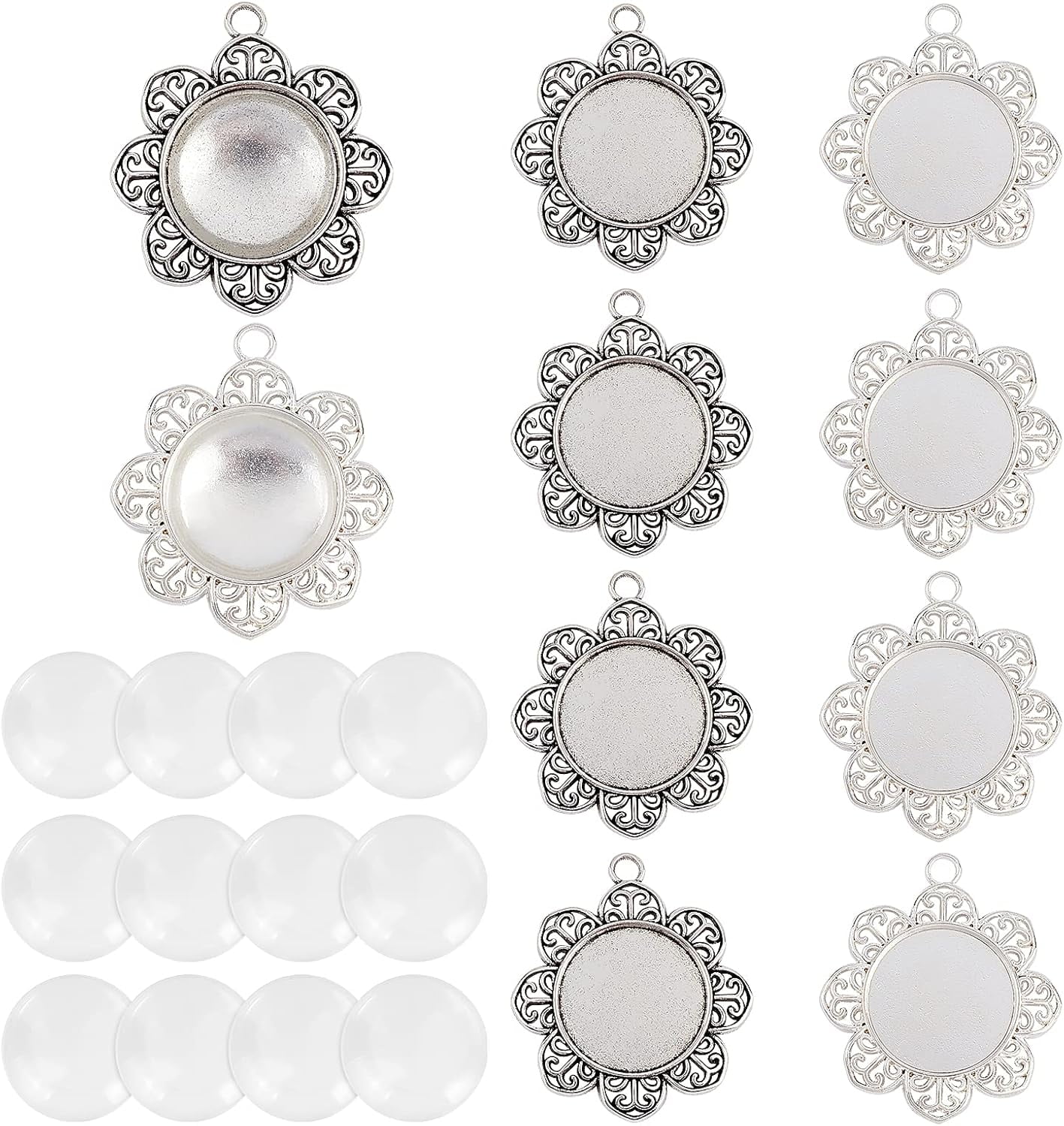 24 Sets Tibetan Style Round Cabochon Tray Kit 20mm 24 Pcs Pendant Bezel ...