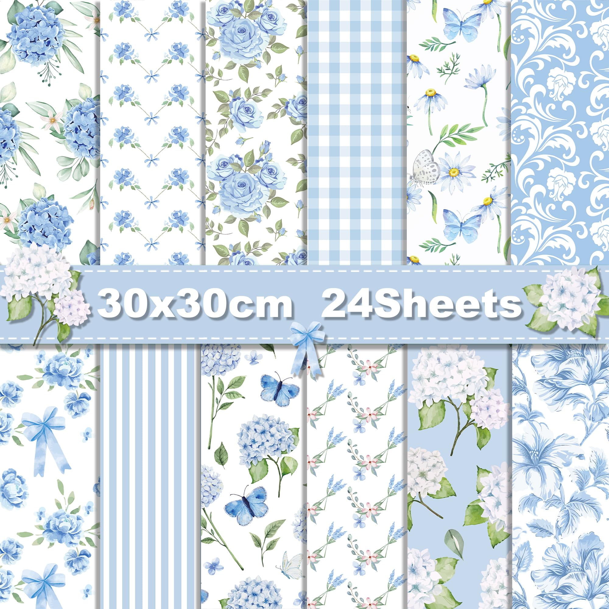 24 Sheet Light Blue AIF4 Hydrangea Pattern Paper Inch Floral Scrapbook ...
