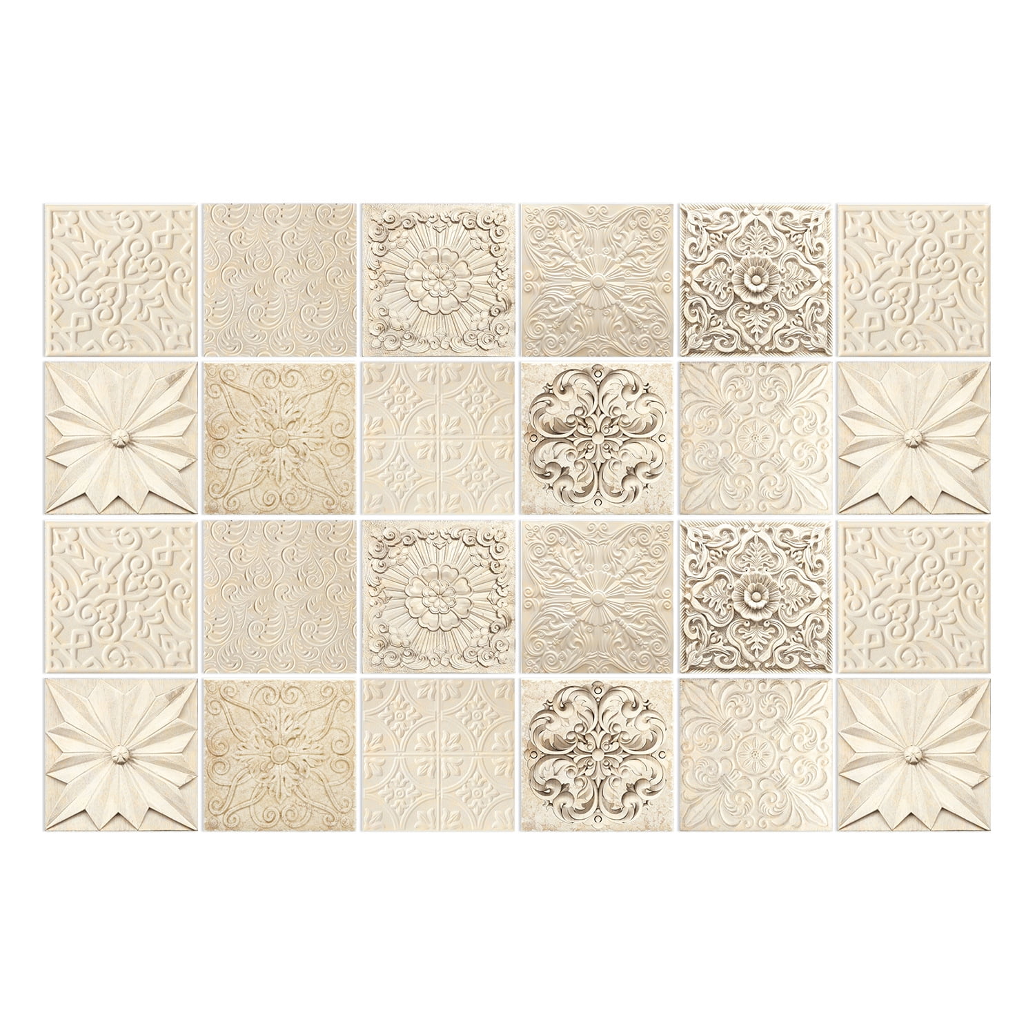 24 Sheet Self Adhesive Wall Stickers Retro Flowers Beige Tiles 6x6 ...