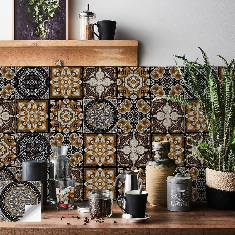 24 Sheet Wall Sticker Retro Brown Gray Flowers Decor 6x6" Self Adhesive ...