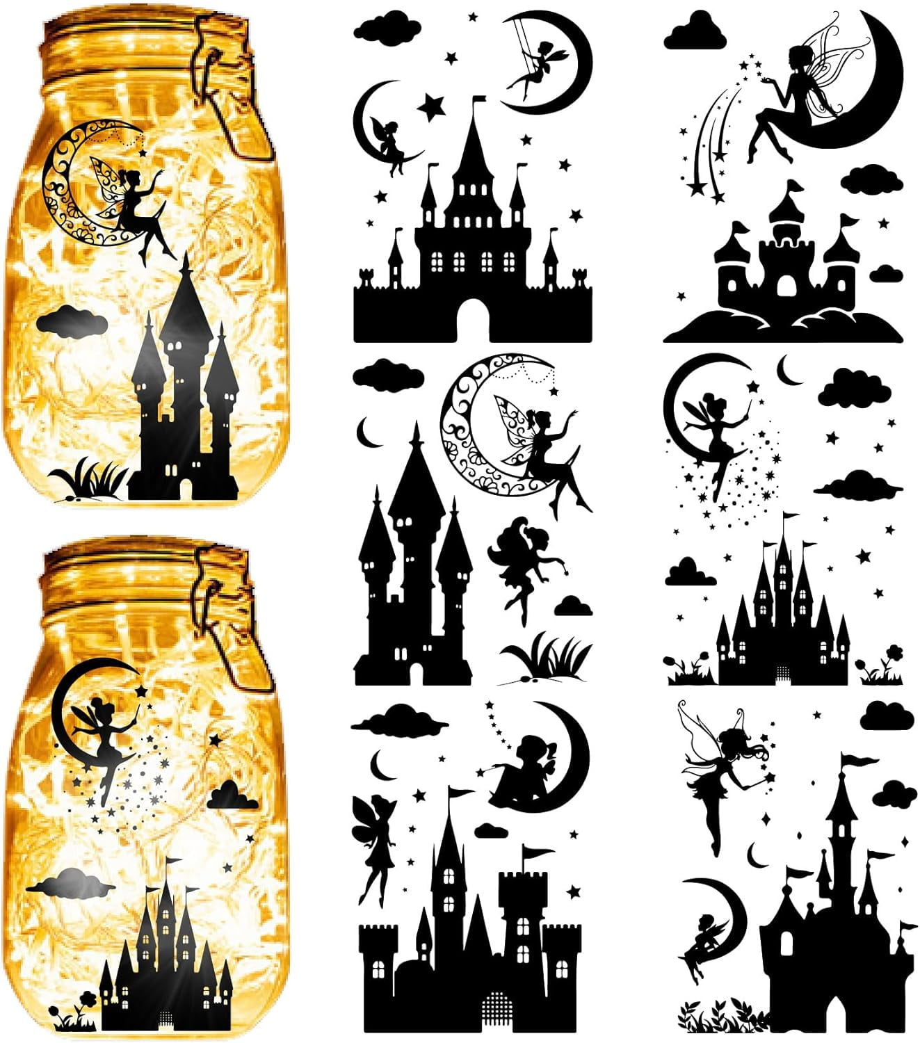 24 Sheets 6 Styles Fairy Angel Mason Jar Decals Moon Castle Stickers ...