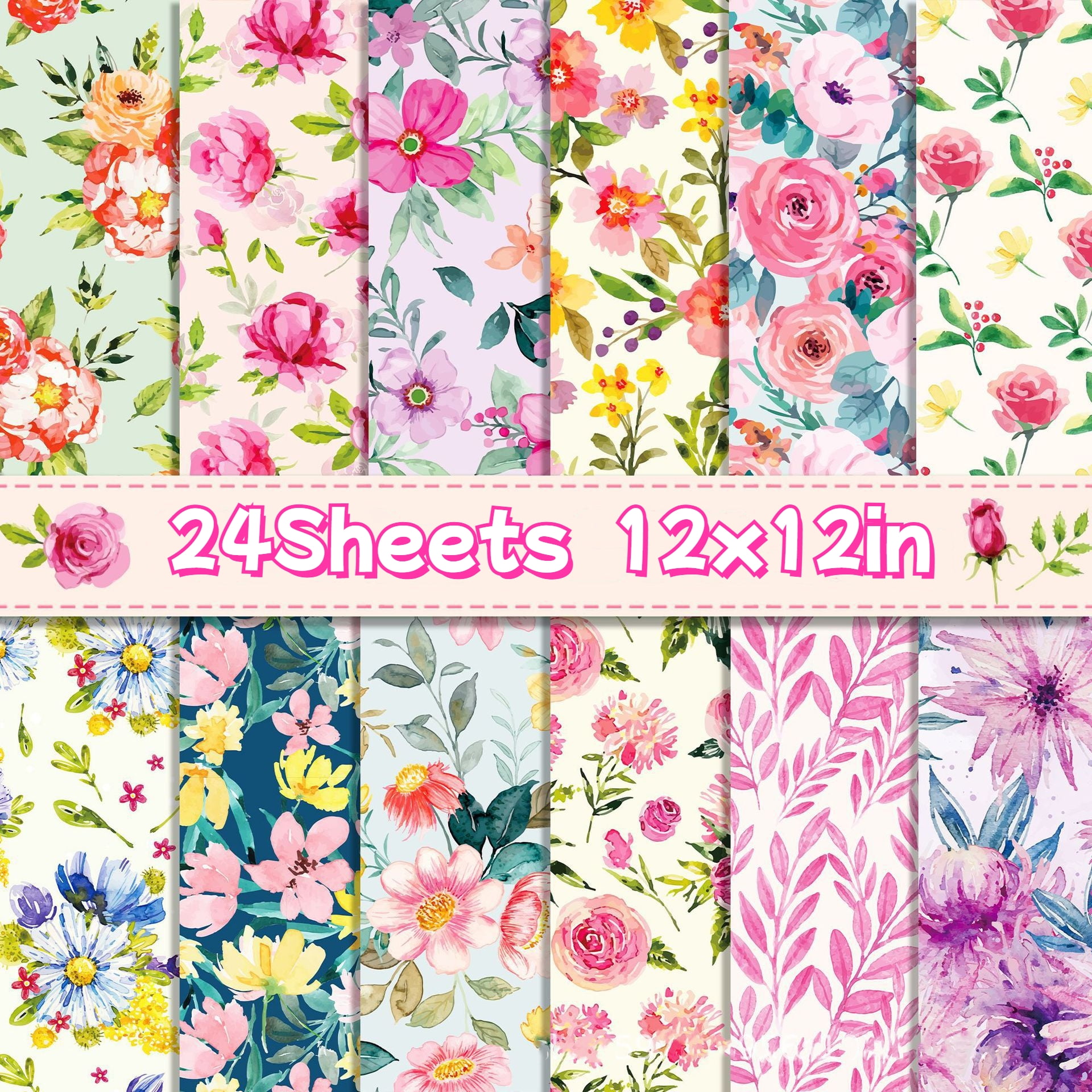 24 Sheets Floral Pattern Paper 12x12 inch, Watercolor Flower Double ...