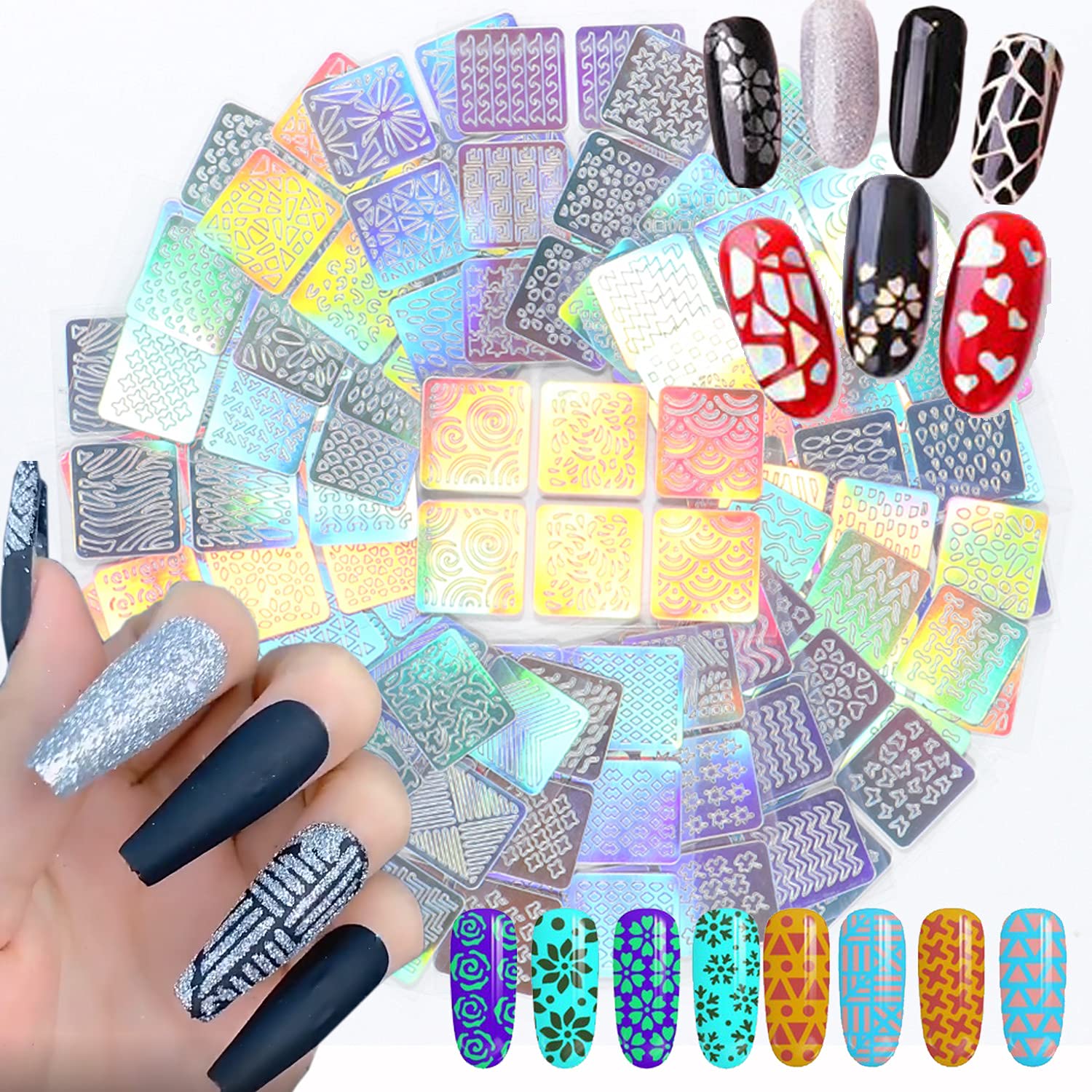 24 Sheets Laser Nail Art Stickers, Holographic Glitter Nail Art Decals ...
