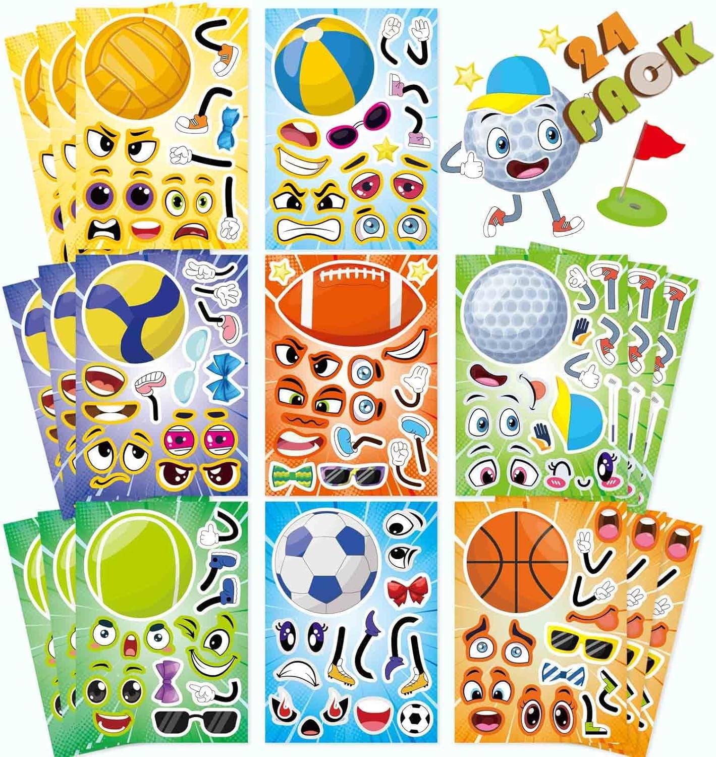 24 Sheets Make Your Own Ball Sports Stickers for Kids, Make a Face Mix ...