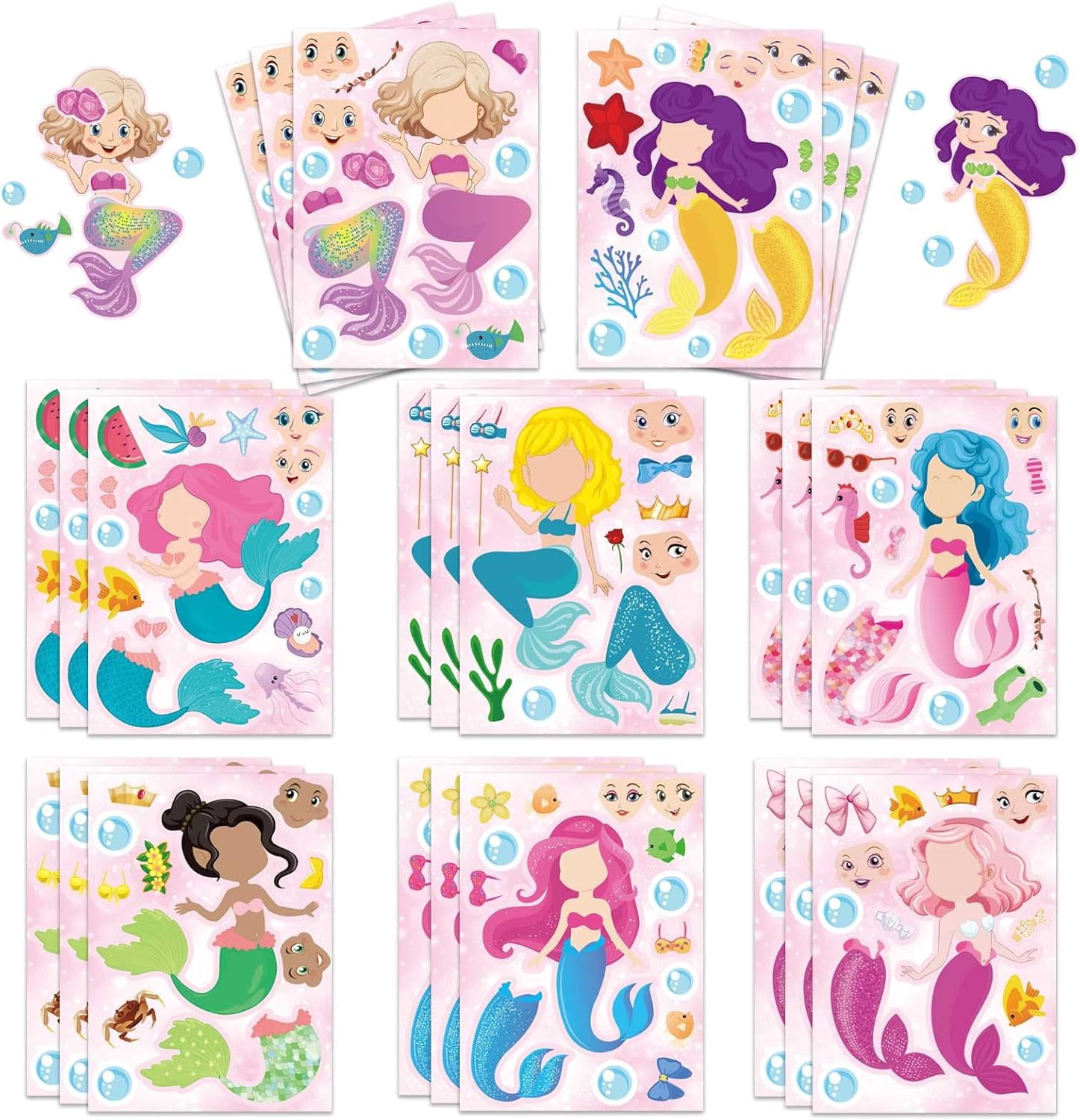 24 Sheets Mermaid Make A Face Stickers, Kids Art Craft Supplies, Make ...