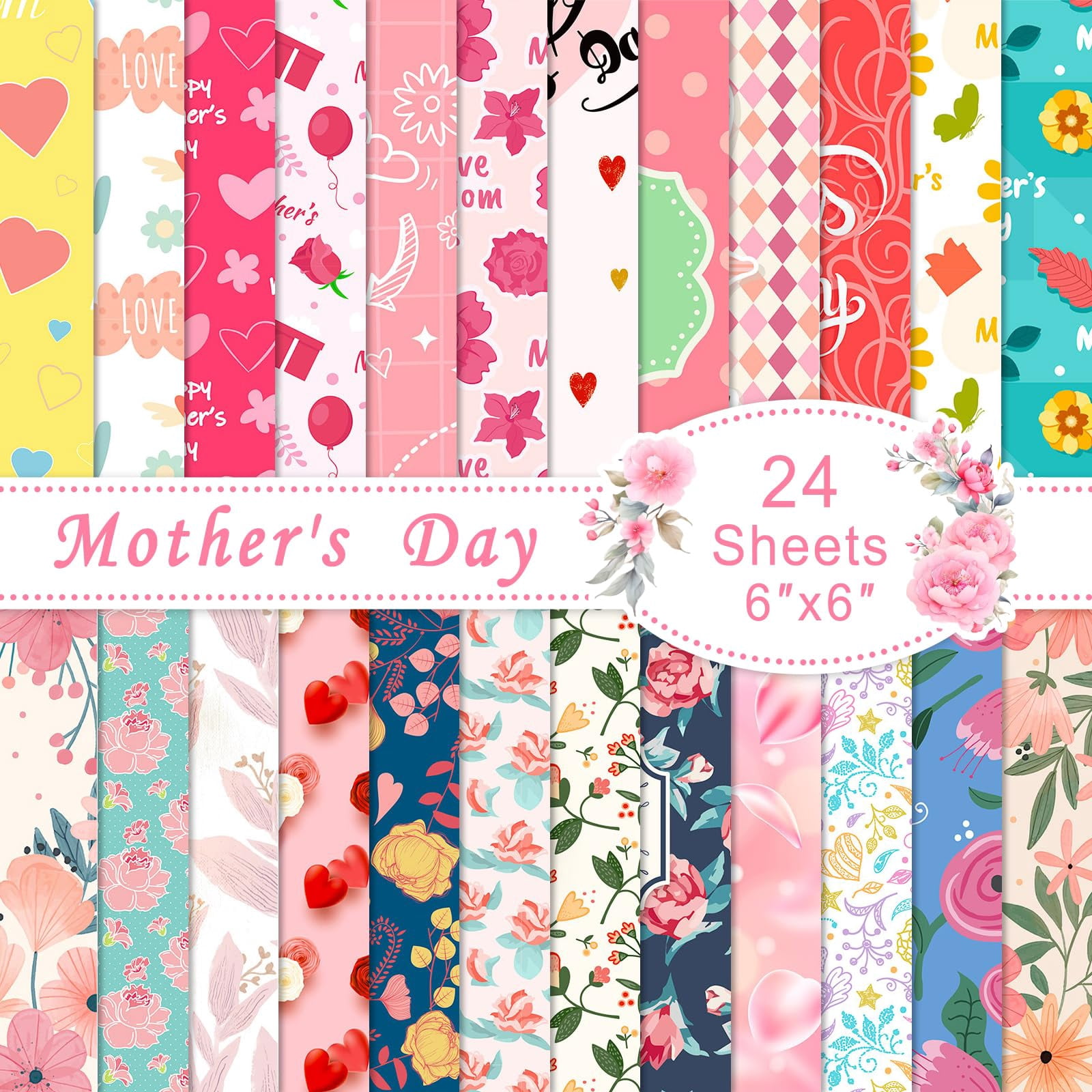 24 Sheets Mother's Day KEF16 Pattern Scrapbook Paper Pads, 6x6in 24 ...