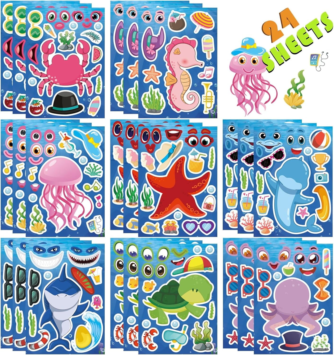 24 Sheets Ocean Stickers for Kids, DIY Sea Animal Mix and Match Craft ...