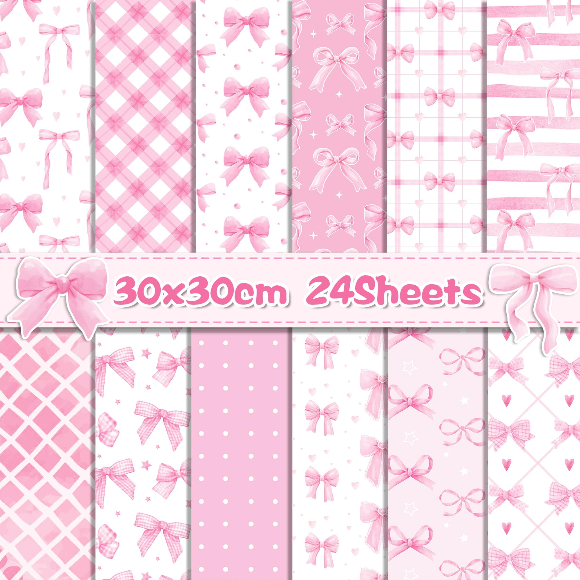 24 Sheets Pink Bow DHF10 Scrapbook Paper, 11.8'' x 11.8'' Double-Sided ...