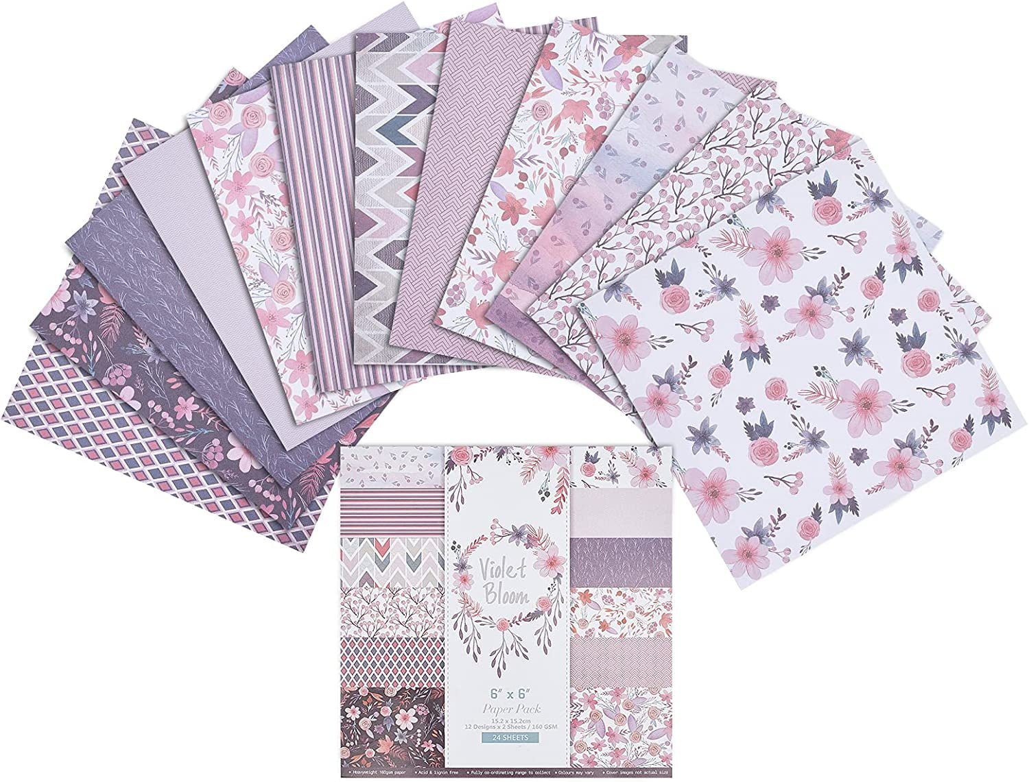 24 Sheets Purple Pattern Paper Pack Floral Cardstock Papers Pad ...