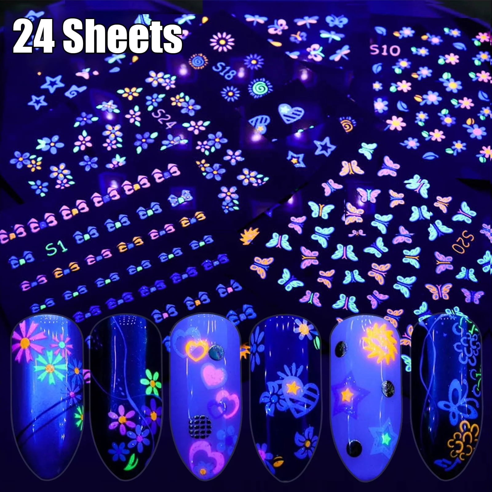 24 Sheets Self-Adhesive Luminous Nail Art Stickers, Fluorescence Mixed ...