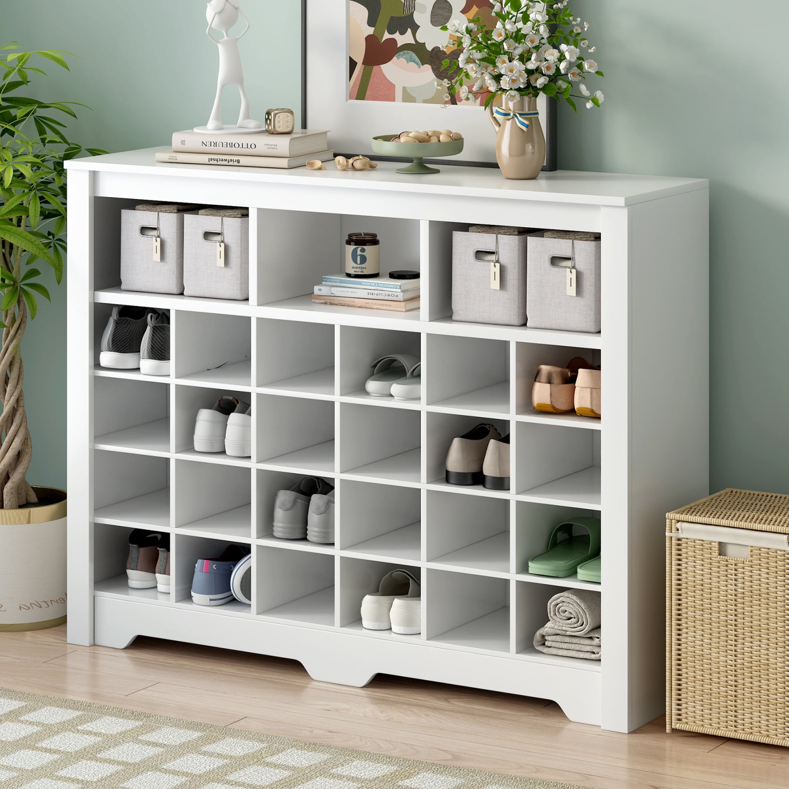 24 Shoe Cubby Console, Modern Shoe Cabinet with Multiple Storage ...